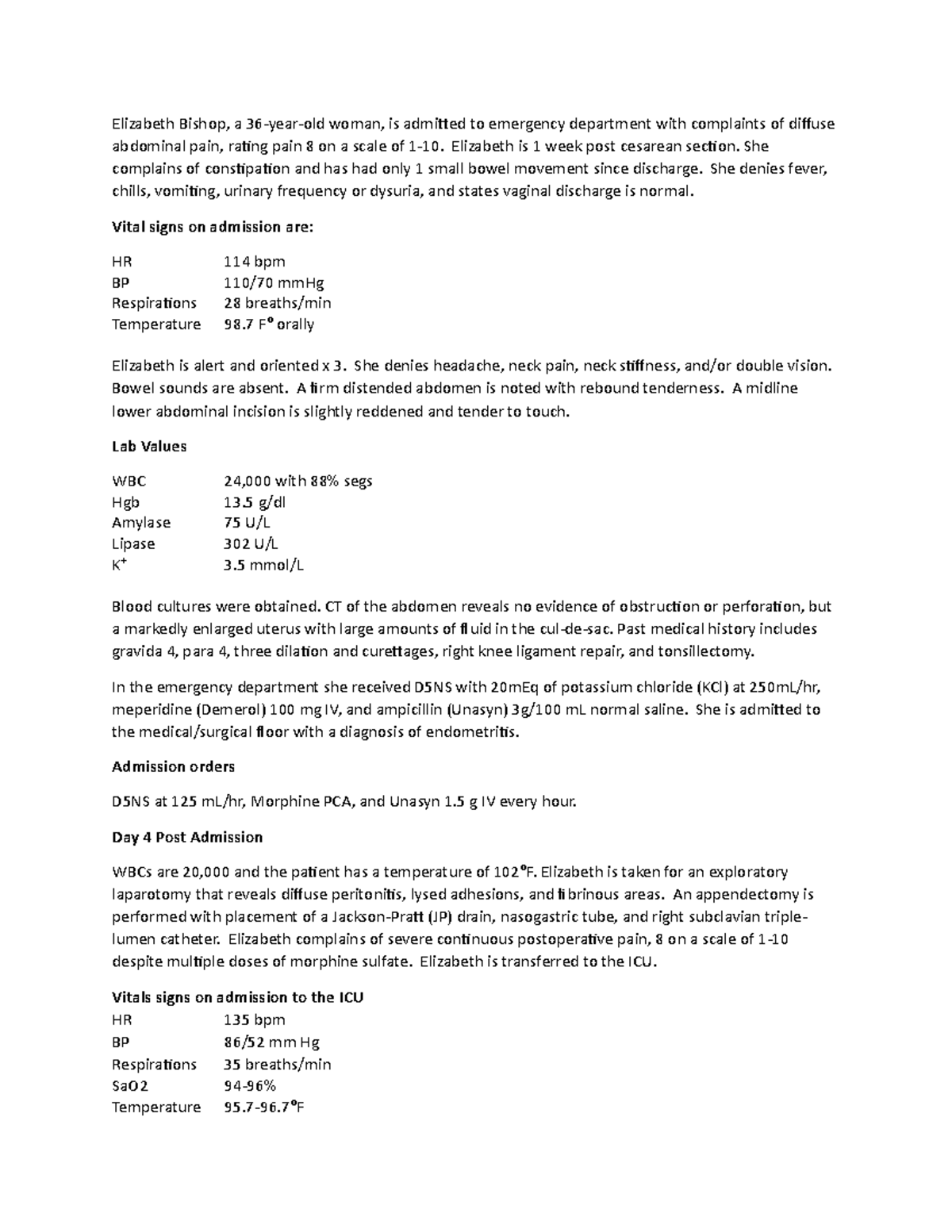 Wk 6-DIC case study - Elizabeth Bishop, a woman, is admitted to ...