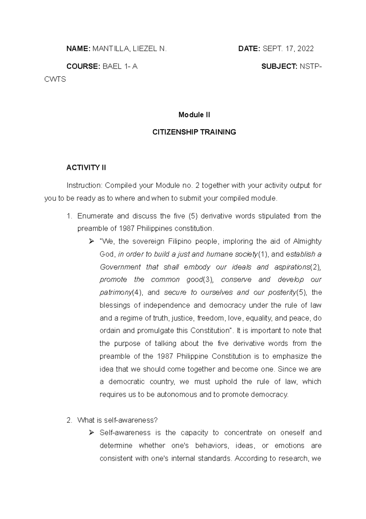 NSTP Module 2 Mantilla, Liezel N - NAME: MANTILLA, LIEZEL N. DATE: SEPT ...