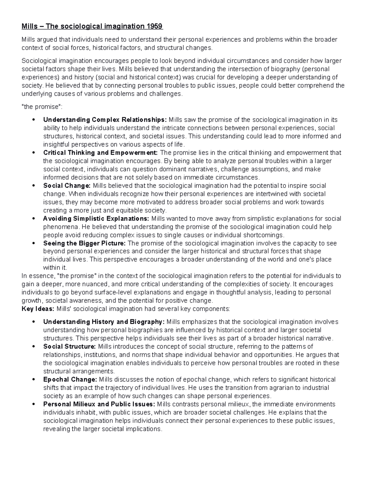 Notes on FCG - Mills – The sociological imagination 1959 Mills argued ...