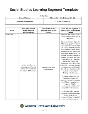 Social Studies Learning Segment Template - Outline Central Focus Elementary Grade Level (K–6 ...