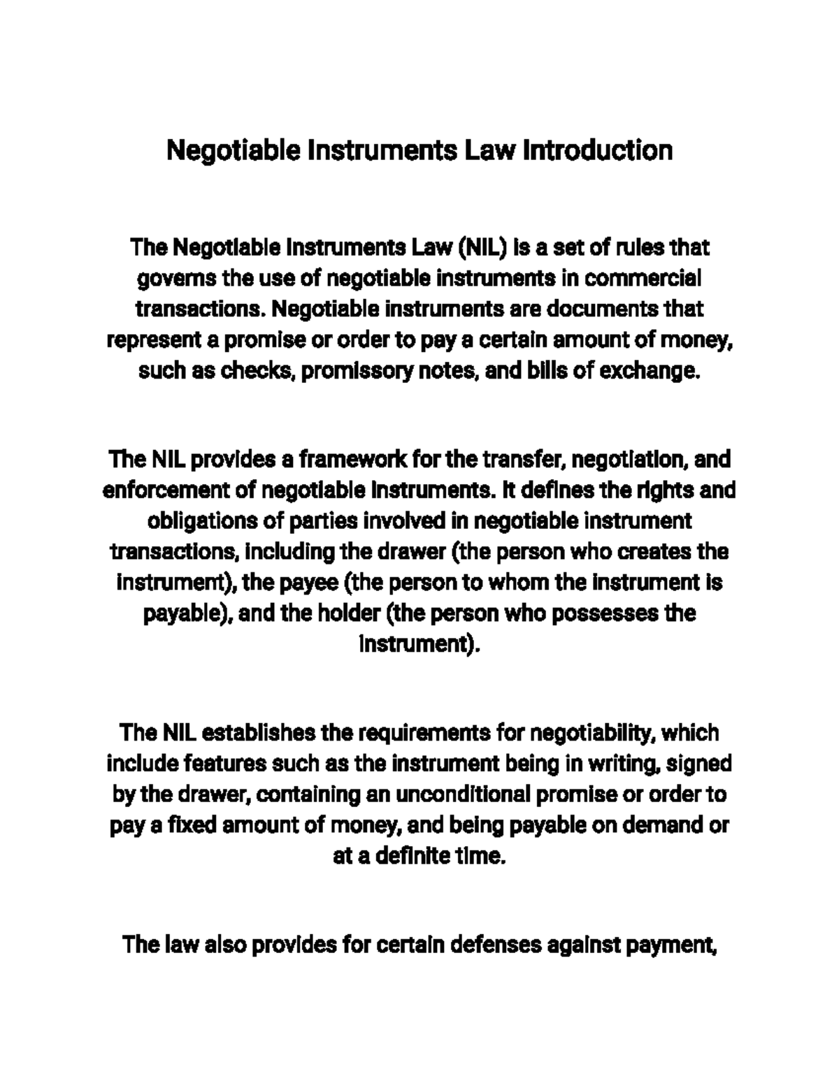 Negotiable Instruments Law Introduction - Negotiable instruments are ...