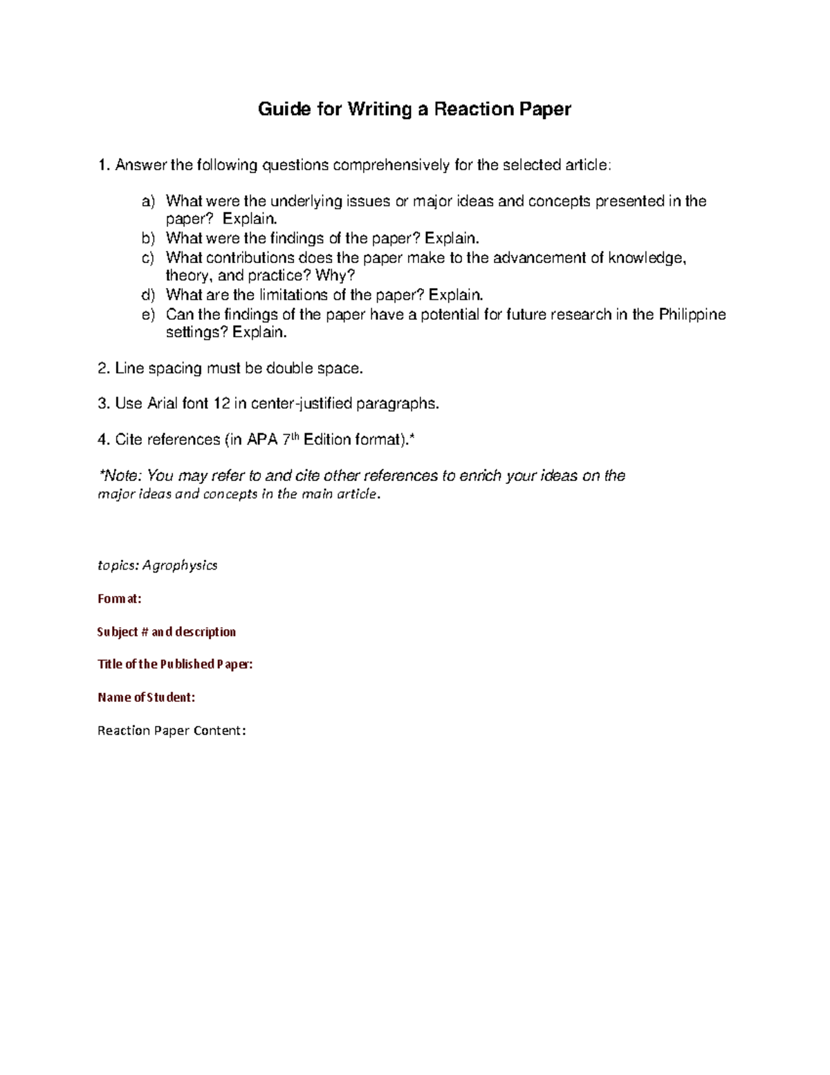 Research education 1 - Guide for Writing a Reaction Paper Answer the ...