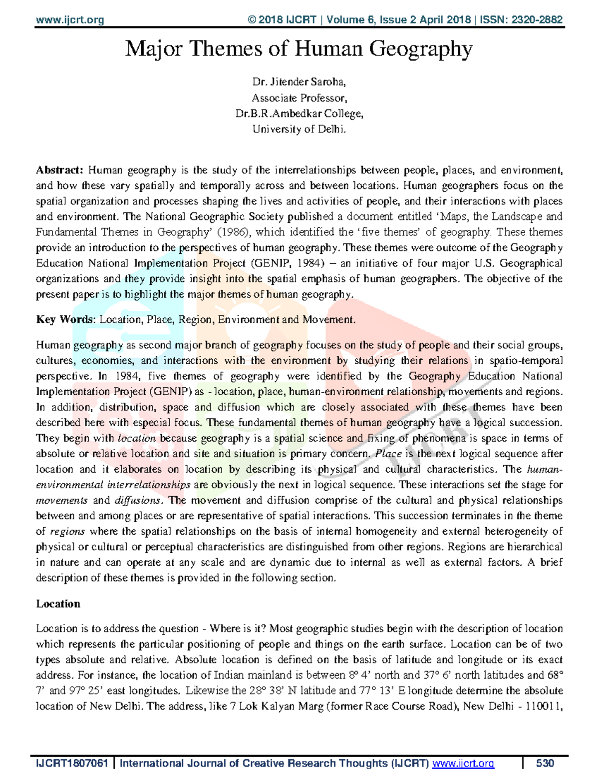 Ijcrt 1807061 - Themes of human geography - Major Themes of Human ...