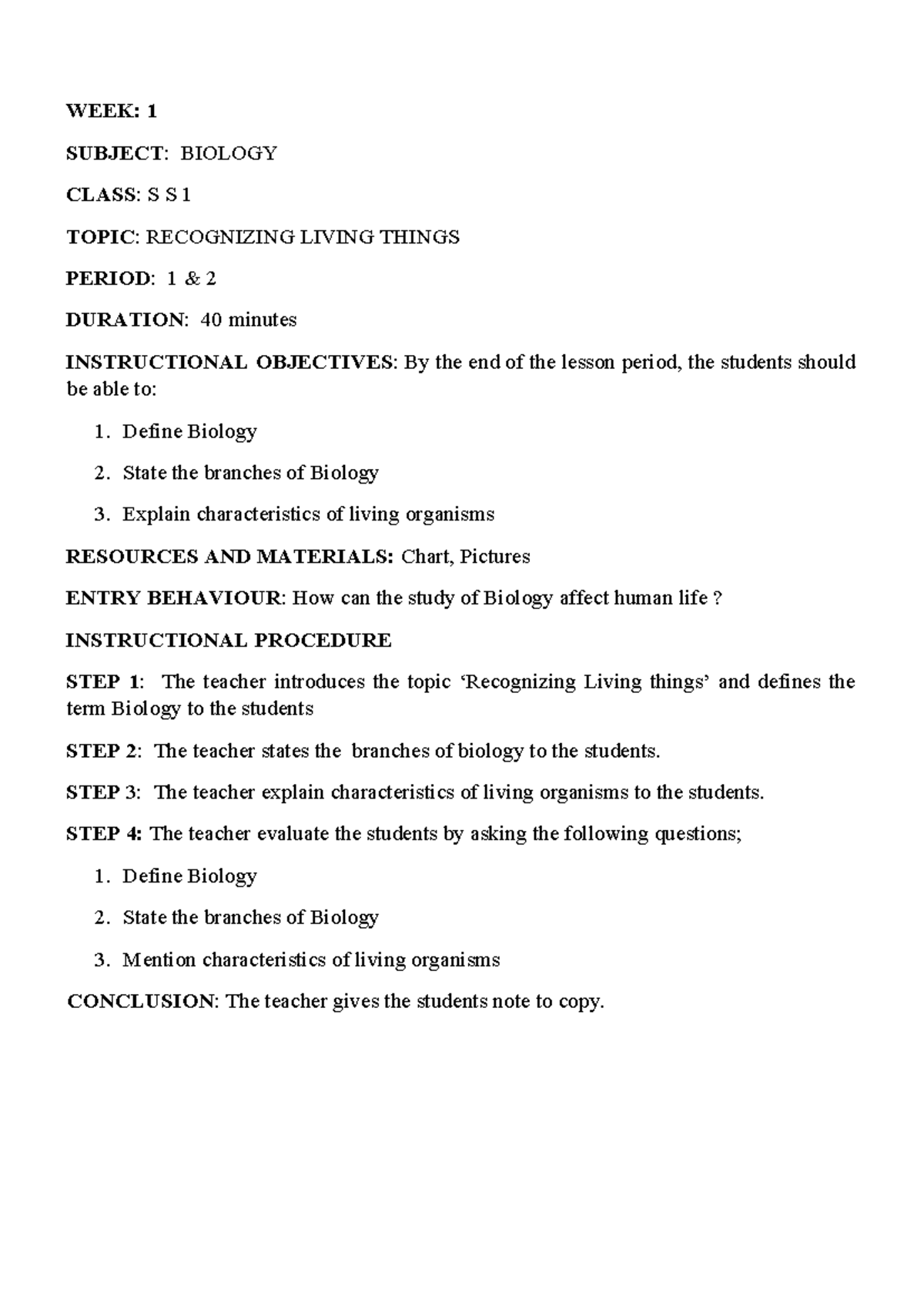 Biology NOTE FOR S.S1 First TERM - WEEK: 1 SUBJECT: BIOLOGY CLASS: S S ...