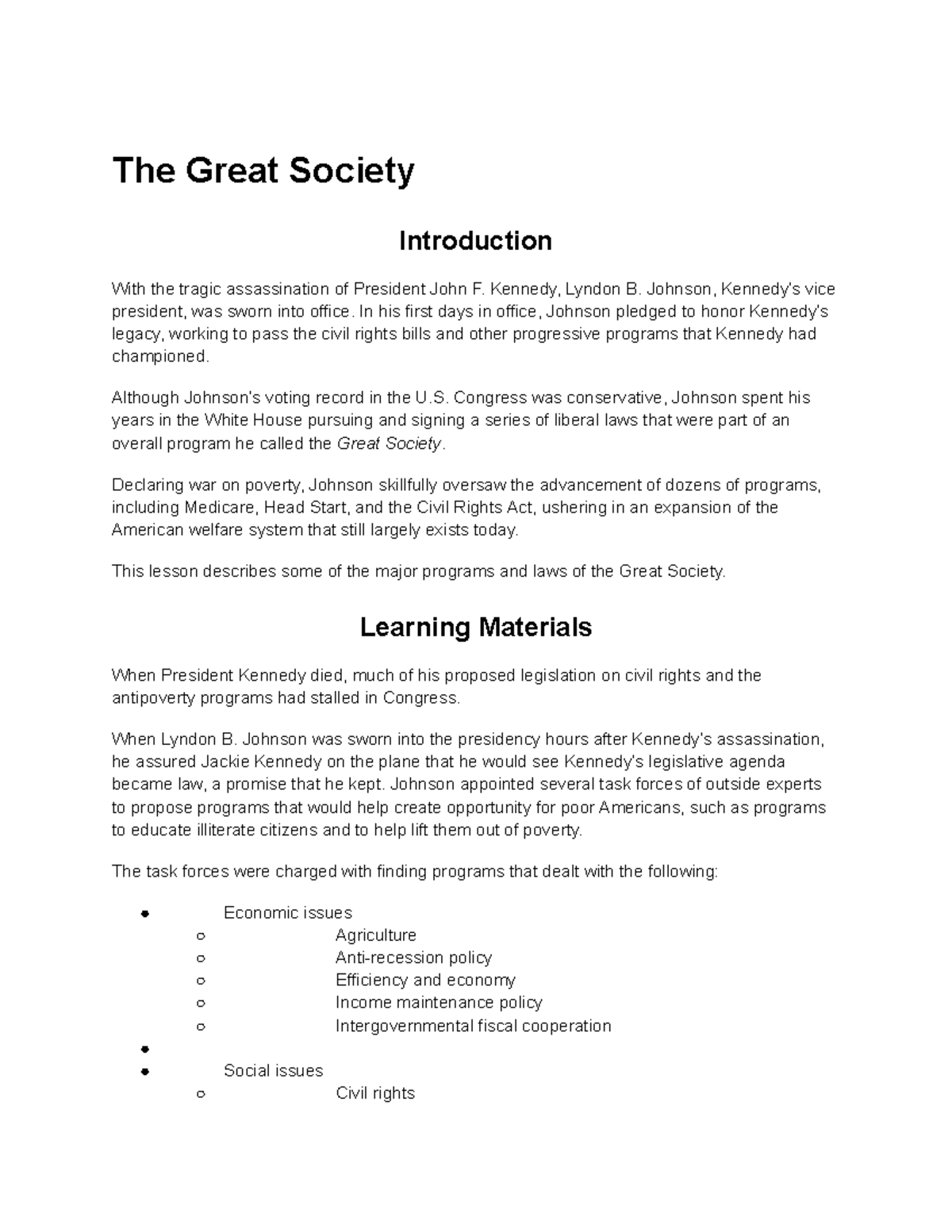 The Great Society - The Great Society Introduction With the tragic ...