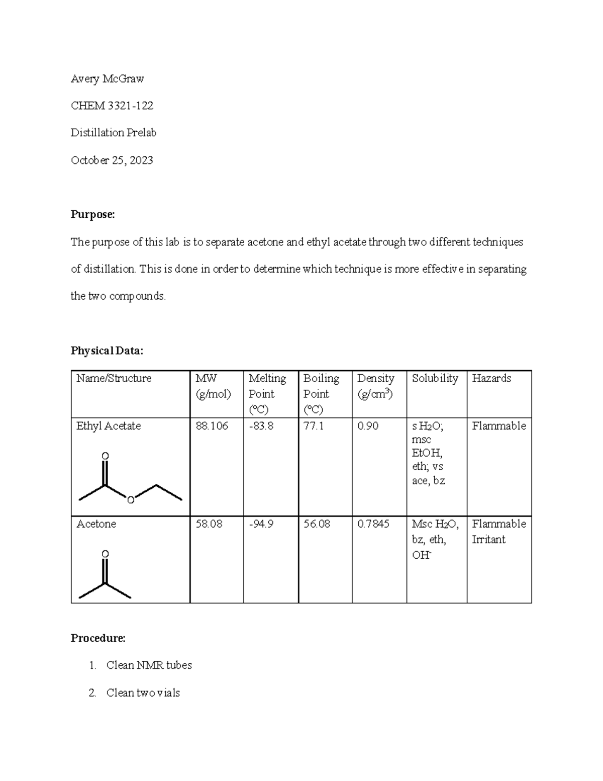 Distillation Prelab - Pre lab report - Avery McGraw CHEM 3321- 122 ...