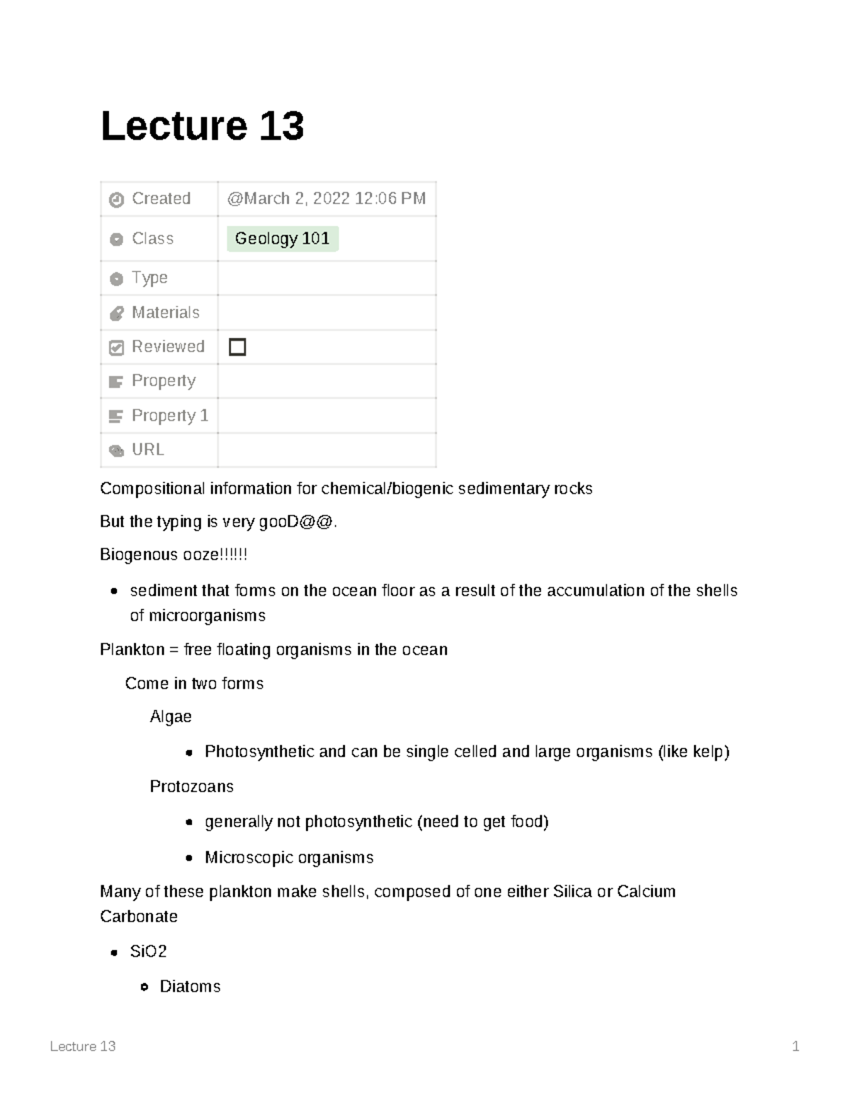 Geo Lecture 13 - Lecture 13 Created Class Geology 101 Type Materials Reviewed Property Property ...