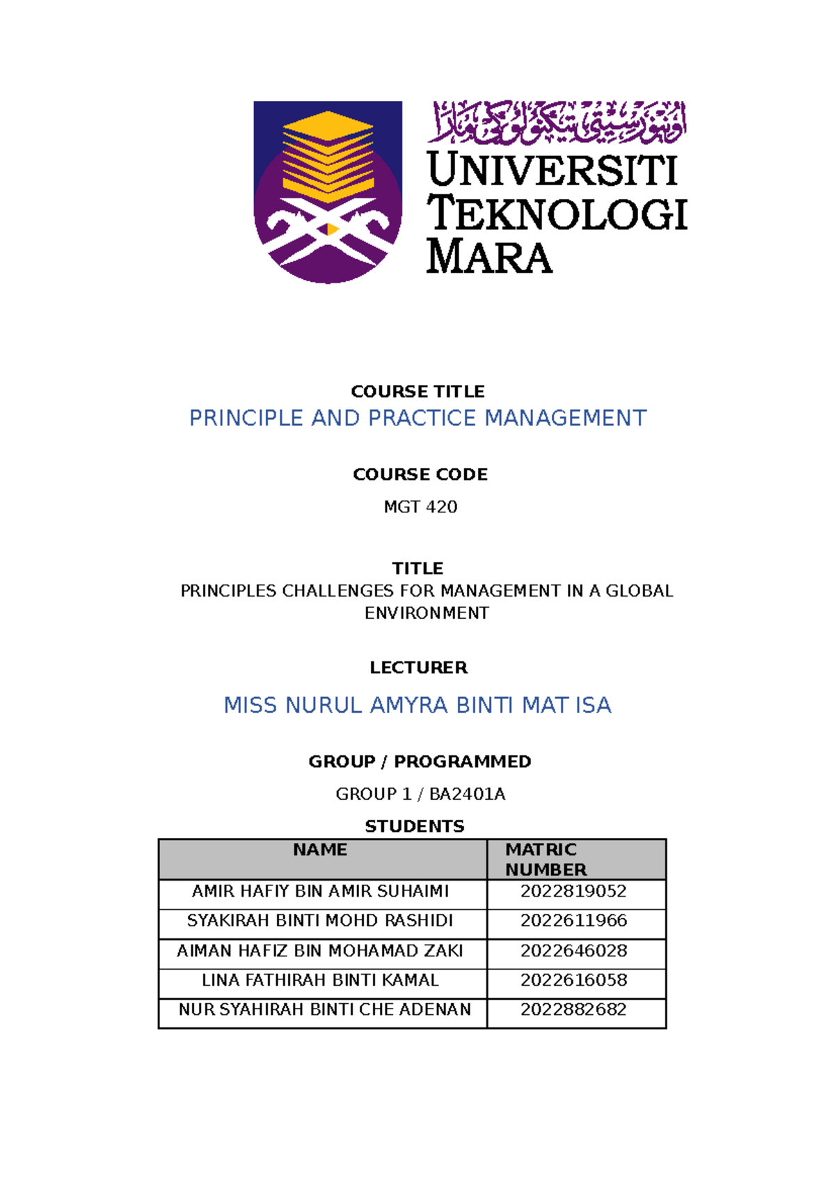 Assignment mgt - COURSE TITLE PRINCIPLE AND PRACTICE MANAGEMENT COURSE ...