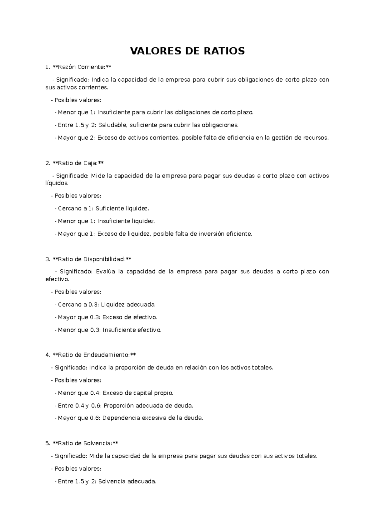 Valores De Ratios - VALORES DE RATIOS 1. Razón Corriente: - Significado ...