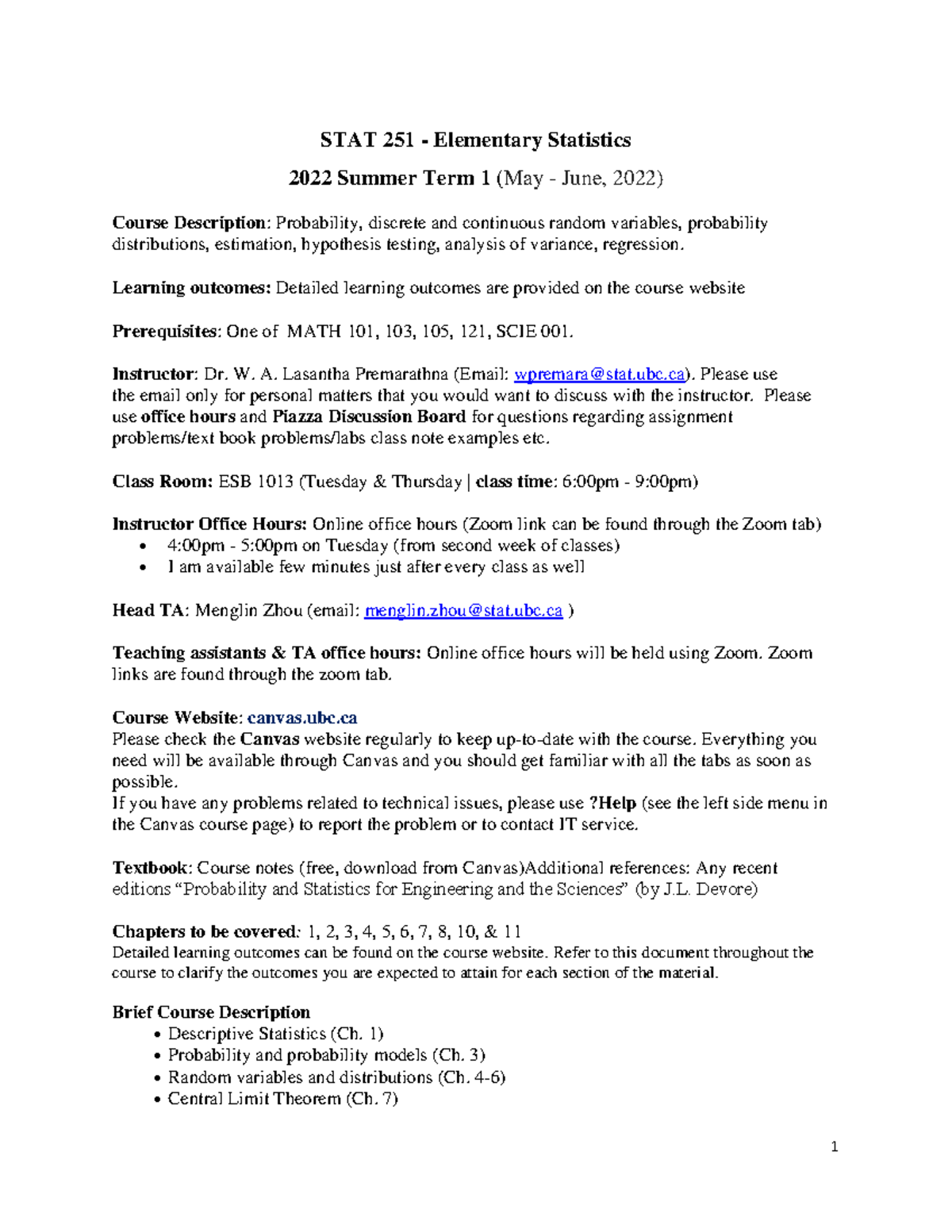Syllabus STAT 251 S1 2022 - STAT 251 - Elementary Statistics 2022 ...