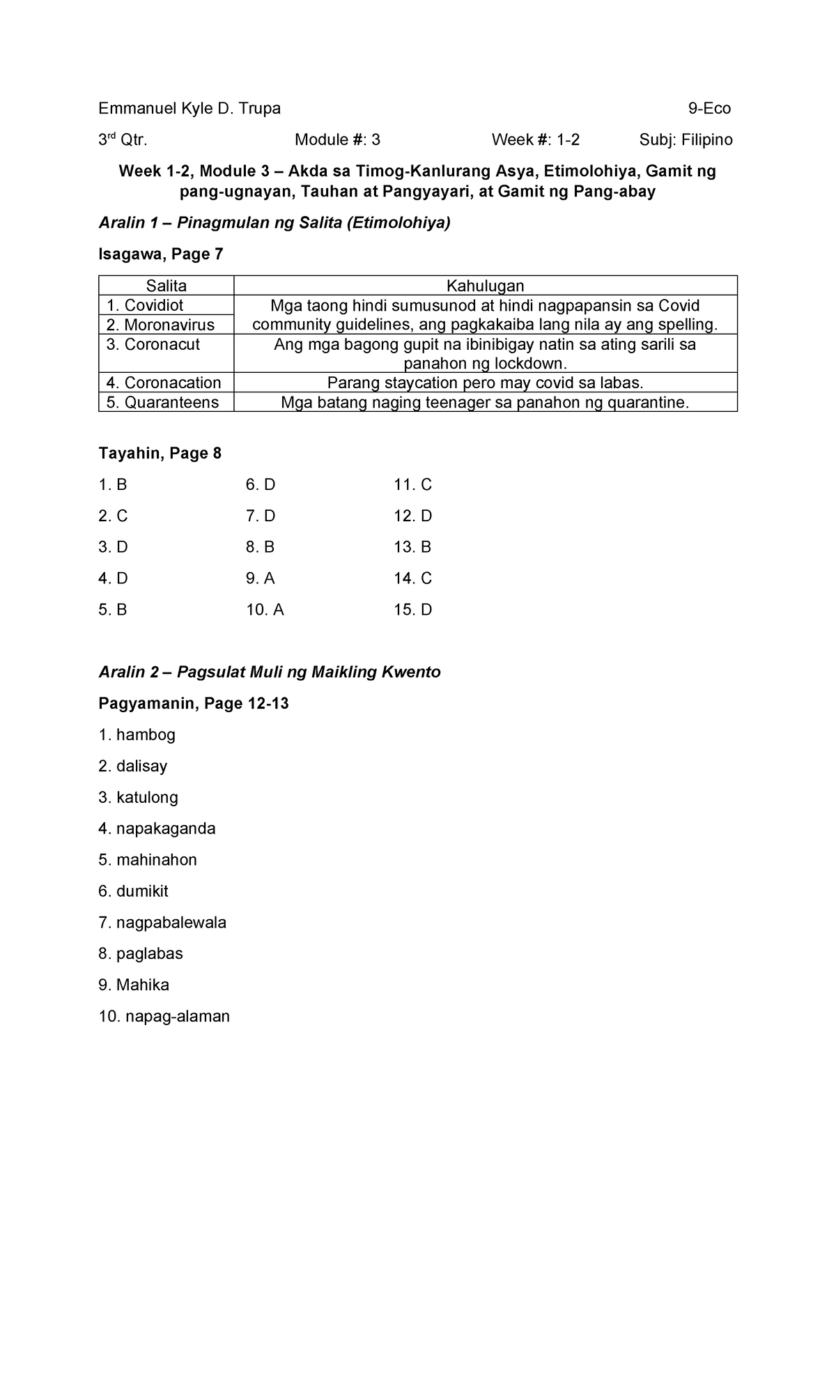 Filipino Q3 Wk. 1-23 - dfgdfgdfgdfg - Emmanuel Kyle D. Trupa 9-Eco 3 rd ...