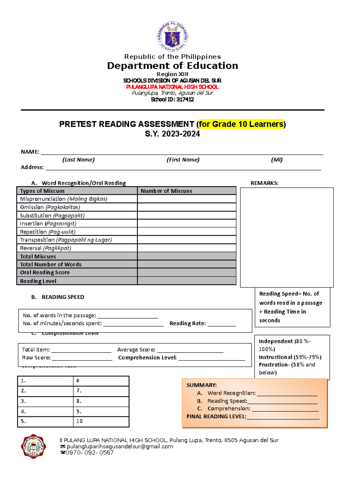 PRE Reading Assessment (for Grade 10) - Republic of the Philippines ...