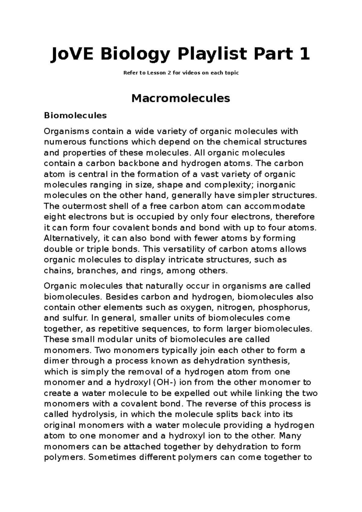 Jo VE Biology Playlist Part 1 - JoVE Biology Playlist Part 1 Refer to Lesson 2 for videos on ...