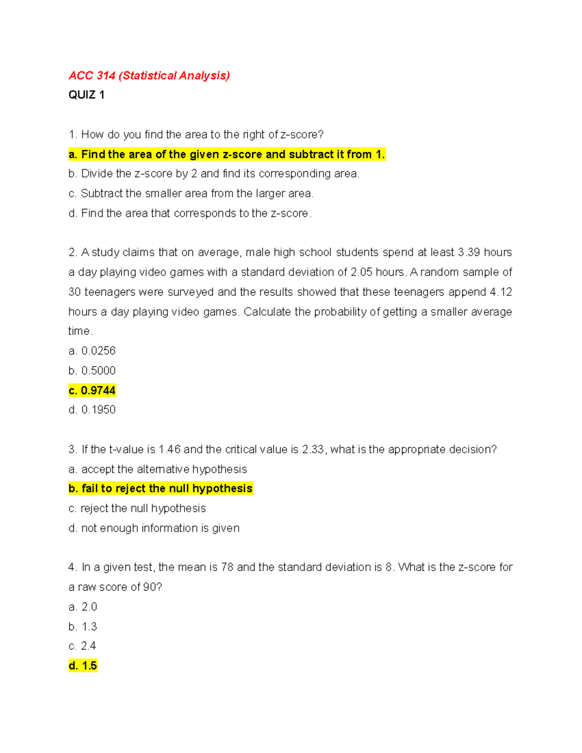 ACC 314 (Statistical Analysis) - Quiz 1 - ACC 314 (Statistical Analysis ...