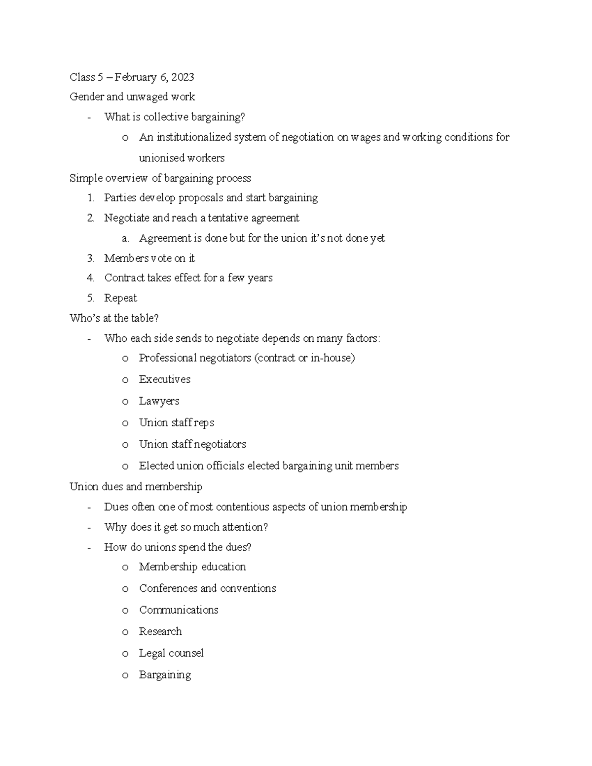 Class 5 - lecture notes - Class 5 – February 6, 2023 Gender and unwaged ...