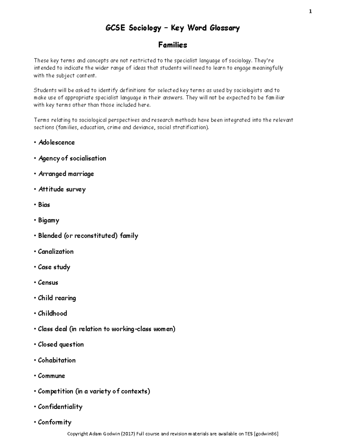 GCSE Sociology Key Word List Families - GCSE Sociology 3 Key Word ...