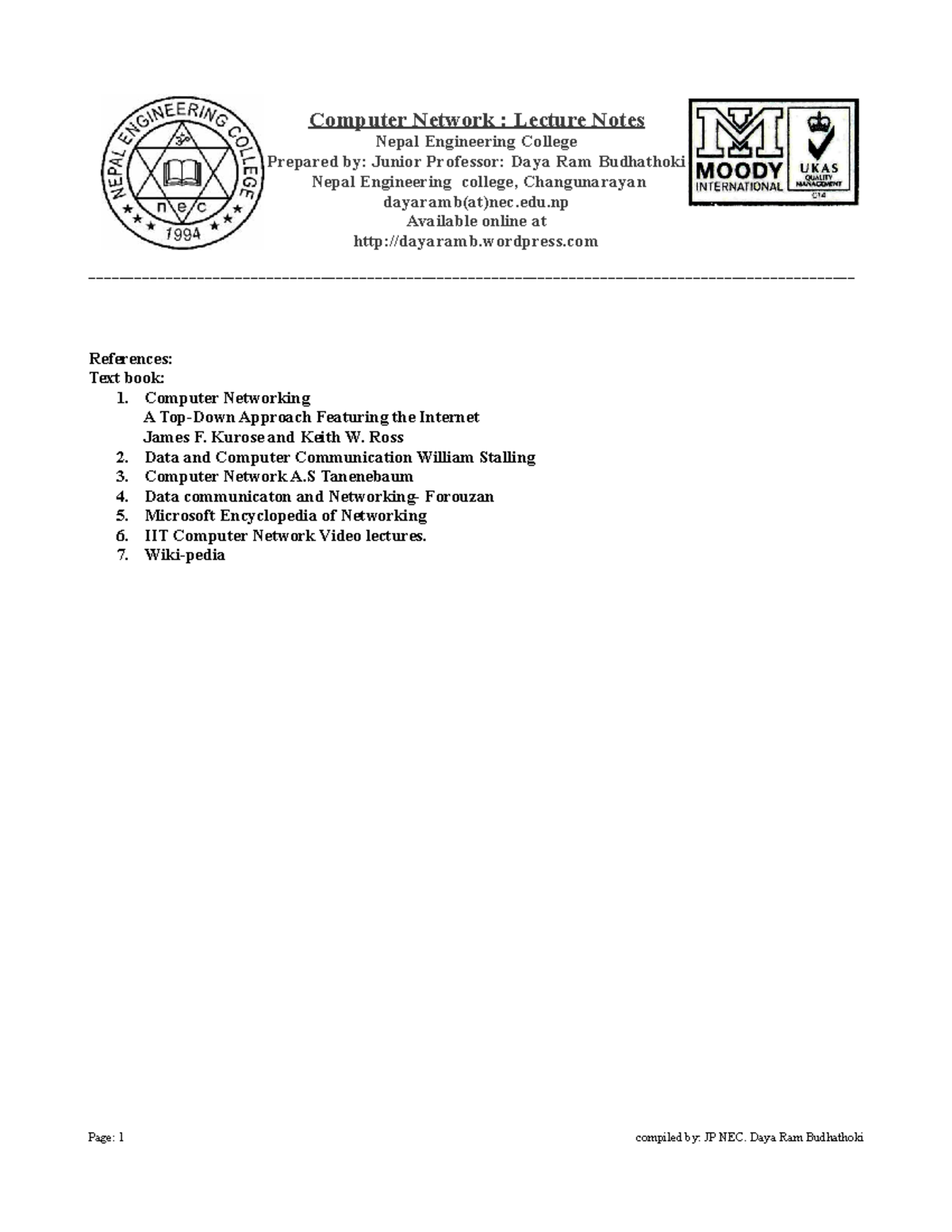 Computer Network Notes Pu References Text Book 1 Computer Networking A Top Down Approach