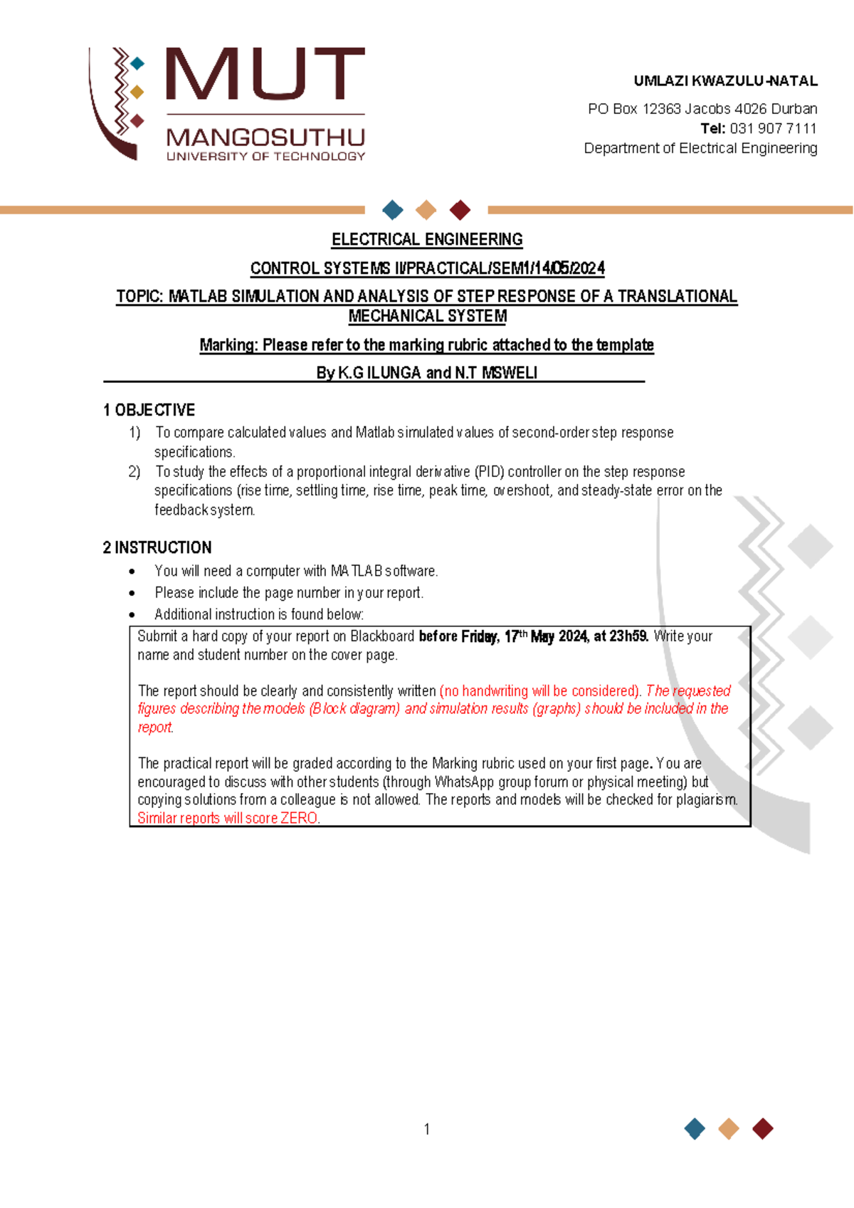 Practical paper-Control Systems II-SEM1-2024 - ELECTRICAL ENGINEERING ...