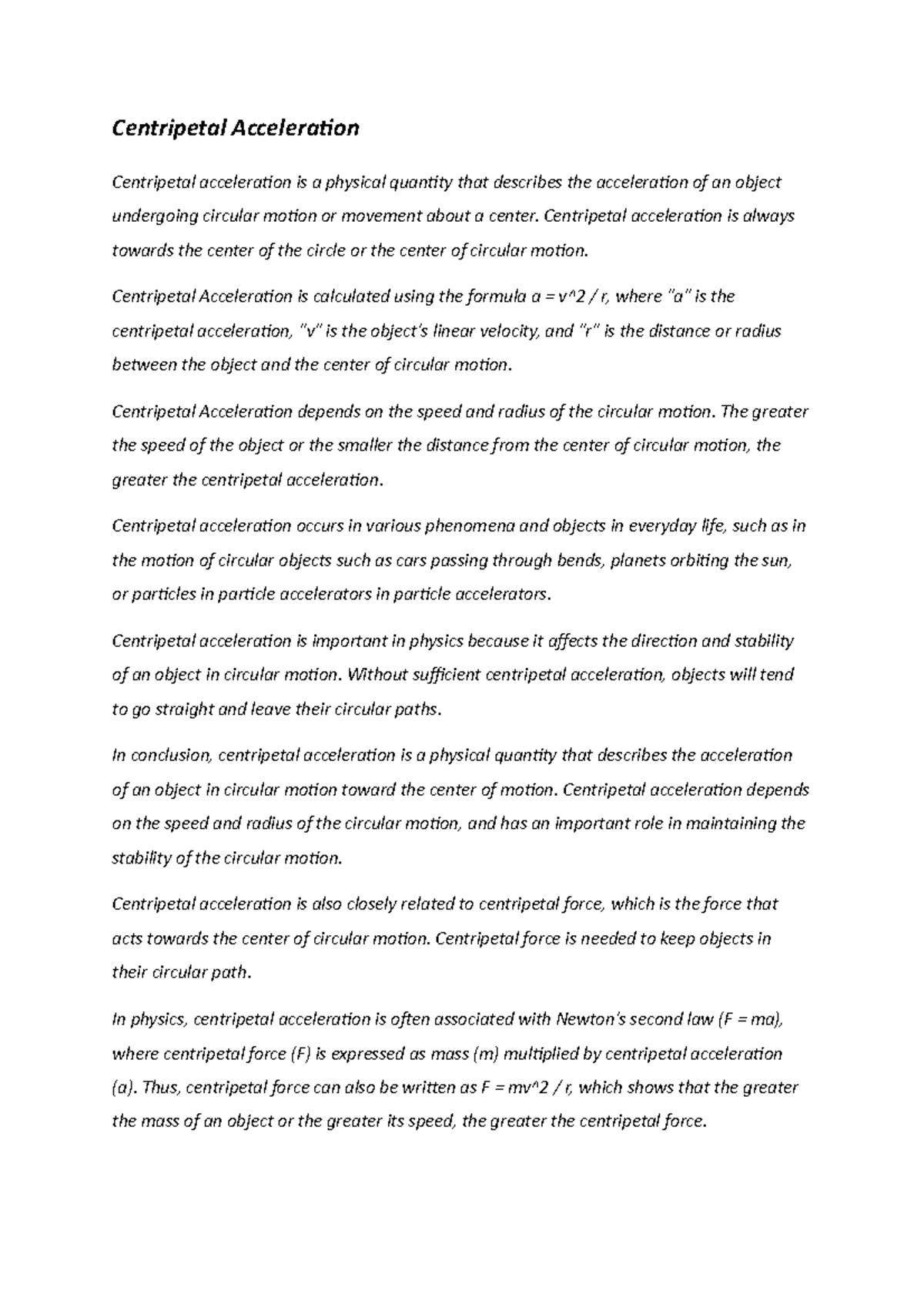Centripetal Acceleration - Centripetal Acceleration Centripetal acceleration is a physical ...