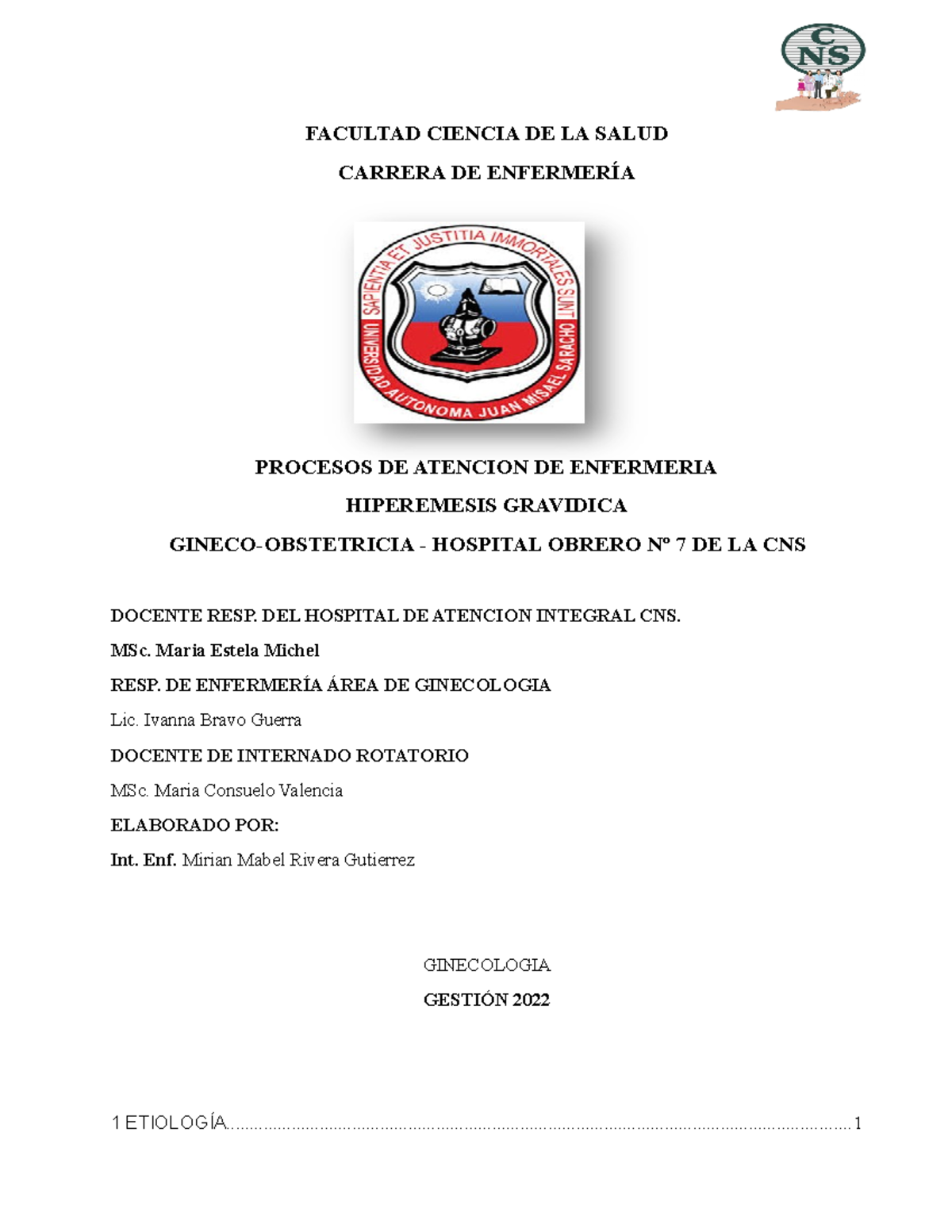 PAE Defensa Hiperemesis Gravidica MR - FACULTAD CIENCIA DE LA SALUD CARRERA DE ENFERMERÍA ...