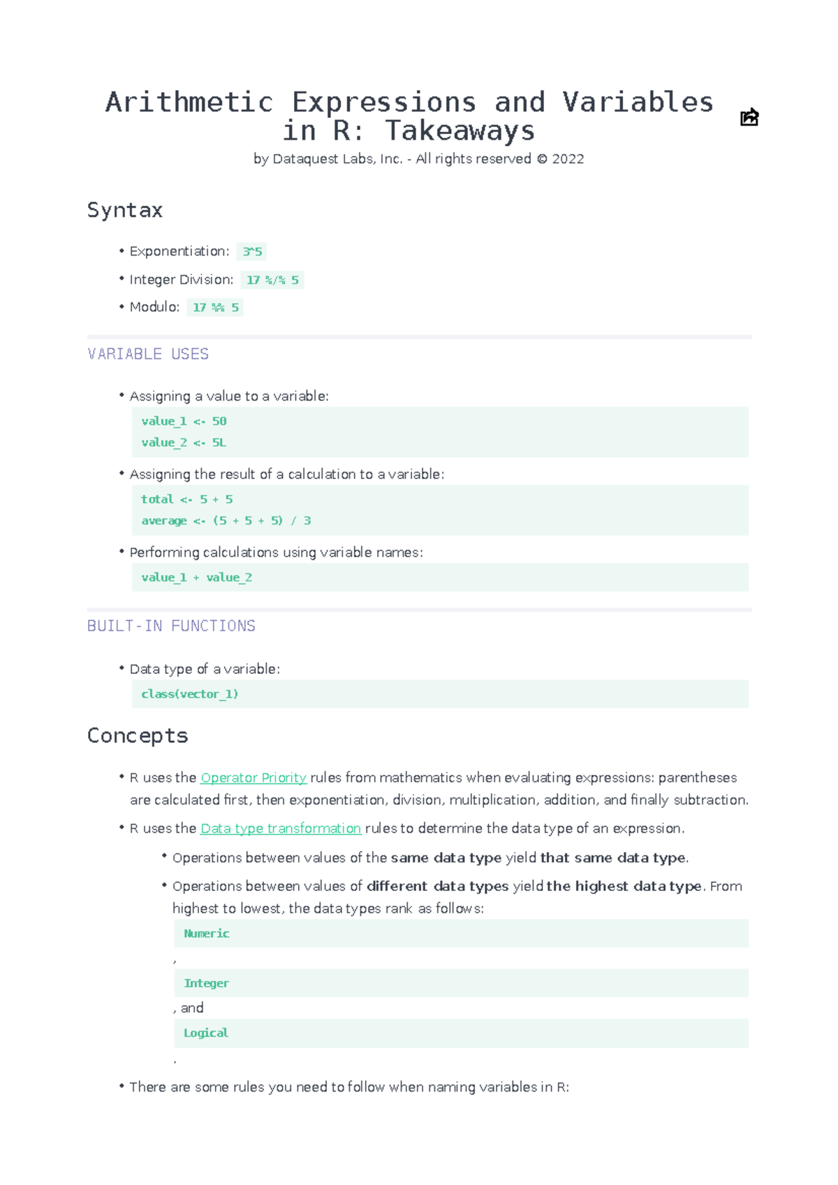 Arithmetic Expressions And Variables All Rights Reserved © 2022 Syntax Variable Uses Built In