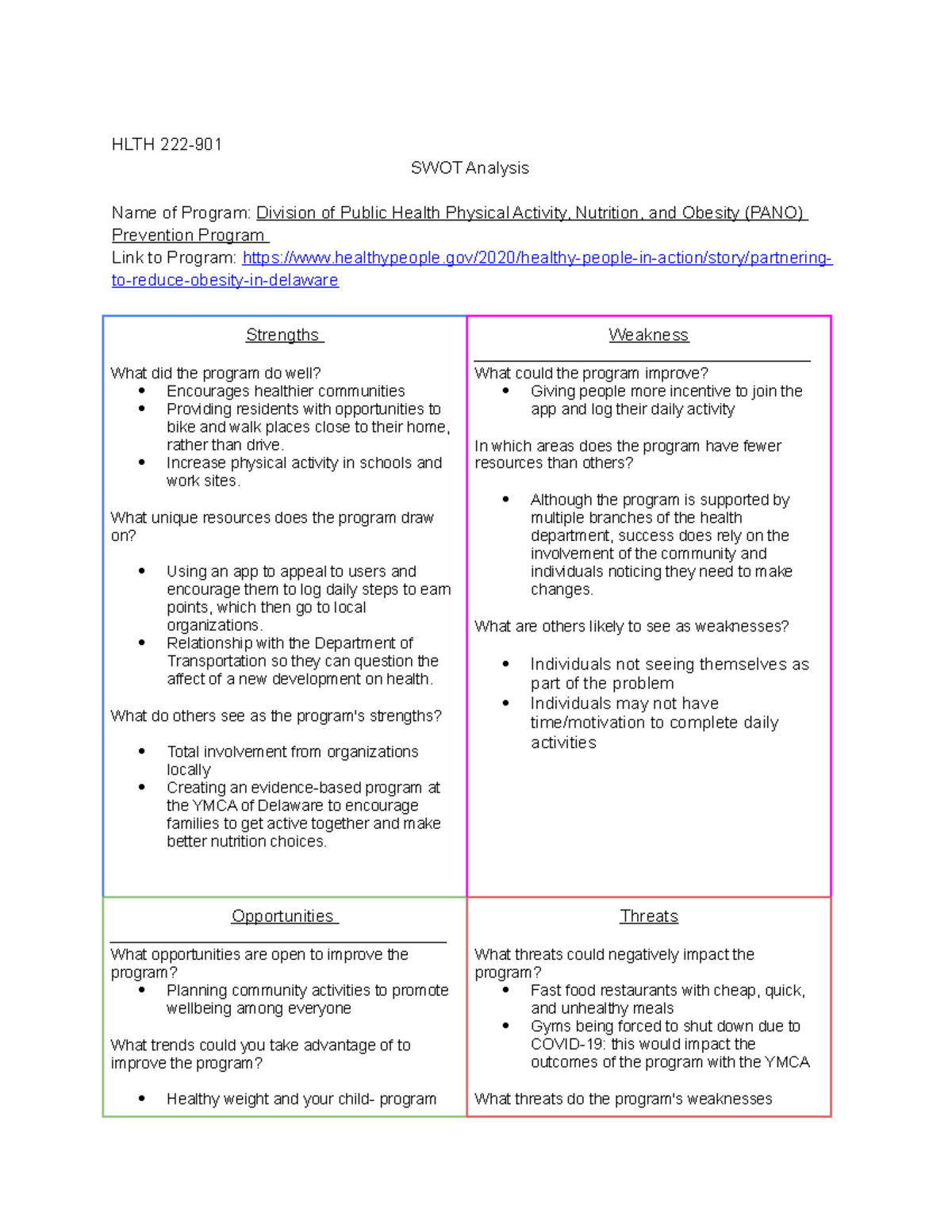 SWOT Analysis week 7 - Yasmine A. Harding - HLTH 222- SWOT Analysis ...