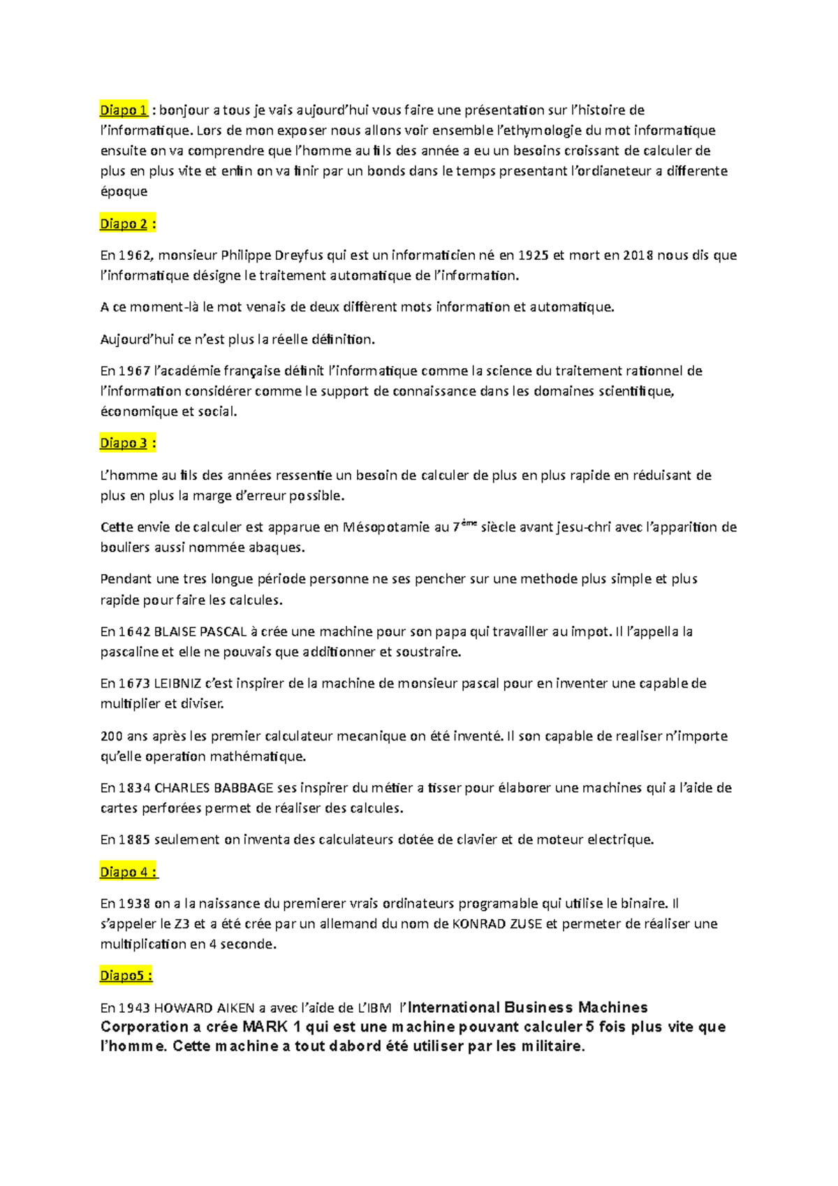 L'histoire de l'informatique texte - Diapo 1 : bonjour a tous je vais ...