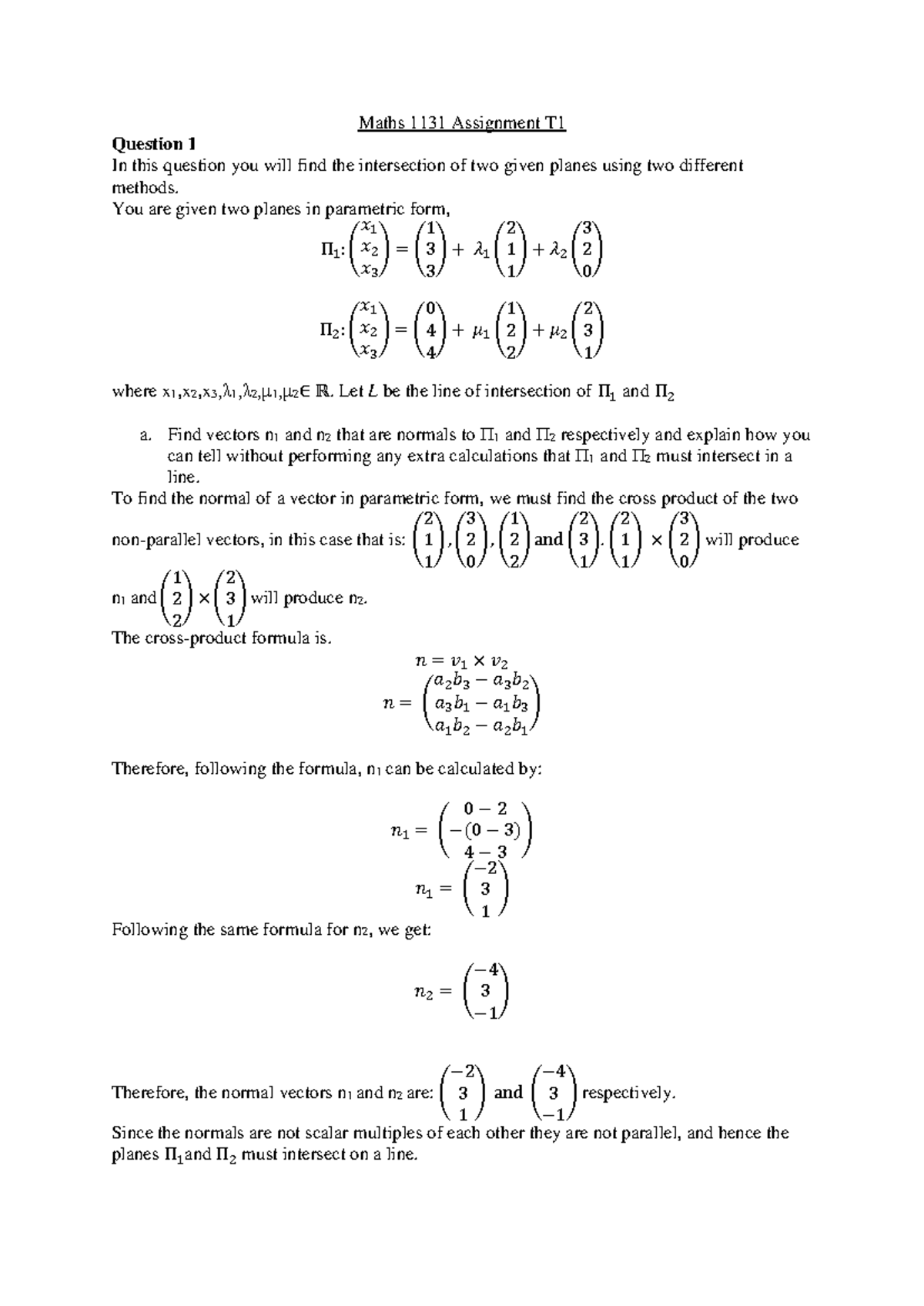 Math 1131 Assignment - Maths 1131 Assignment T Question 1 In this question you will find the ...