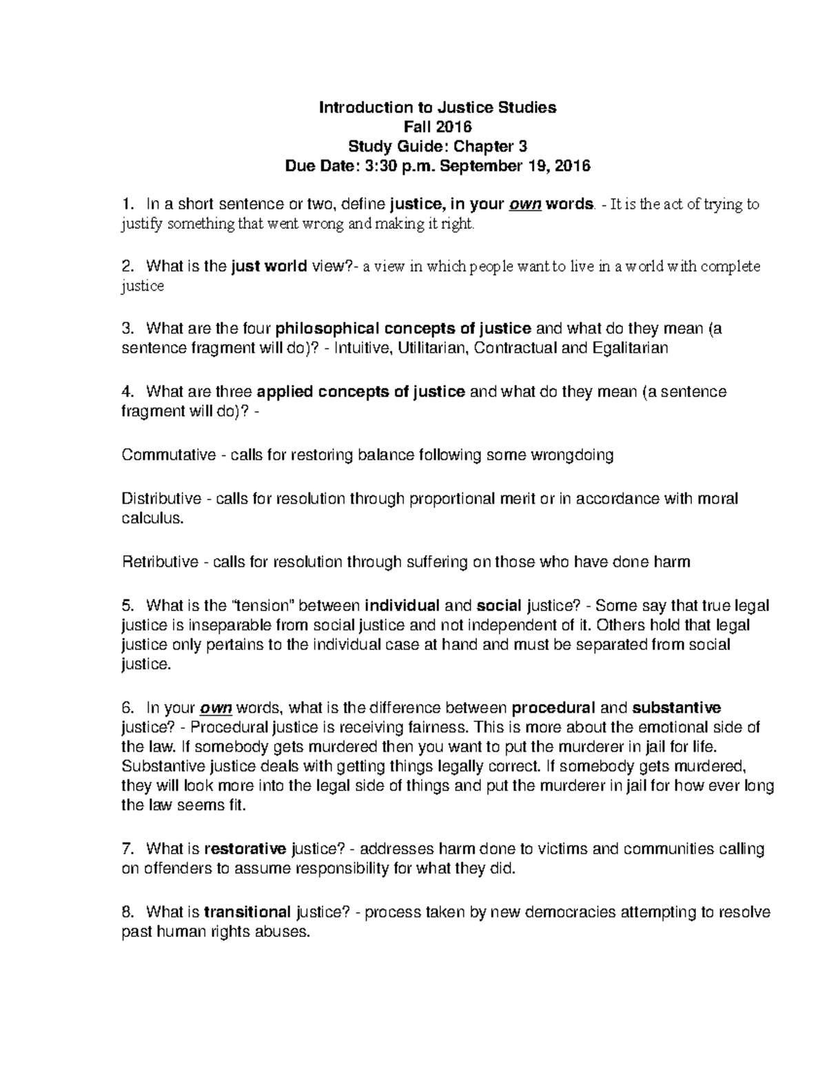 Study guide 3 - Introduction to Justice Studies Fall 2016 Study Guide ...
