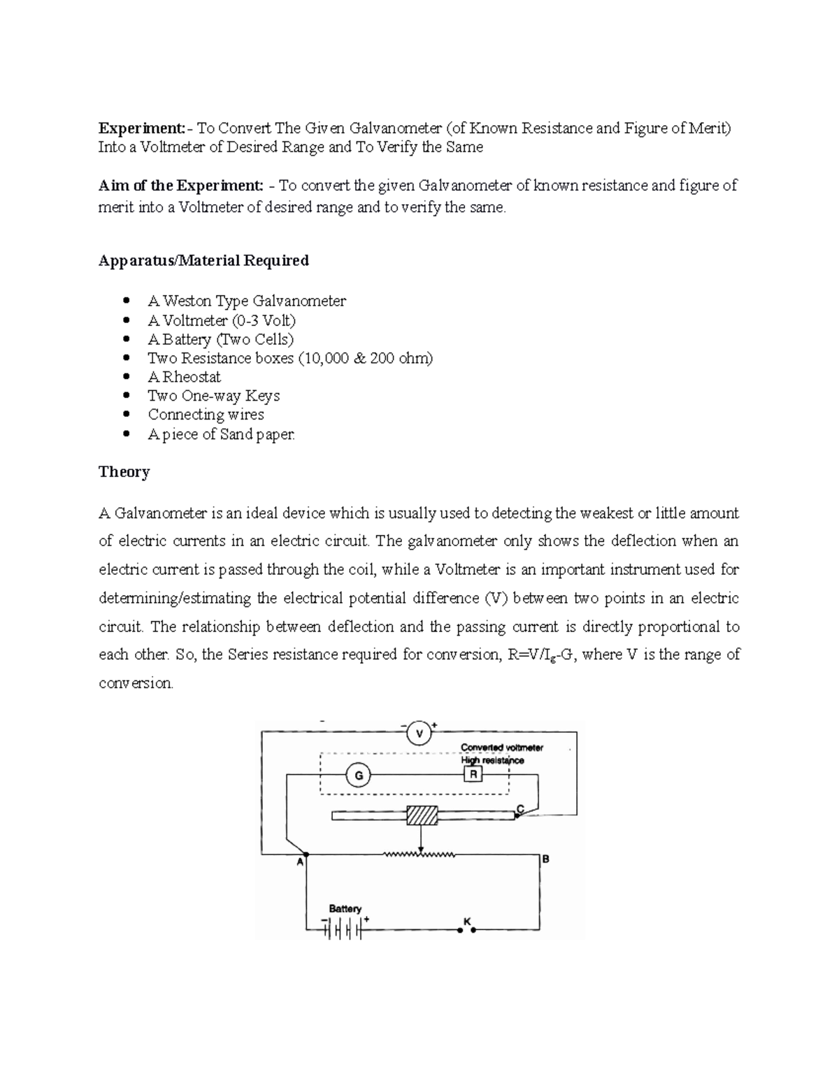 Experiment Galvanometer into voltmeter - Experiment:- To Convert The Given Galvanometer (of ...