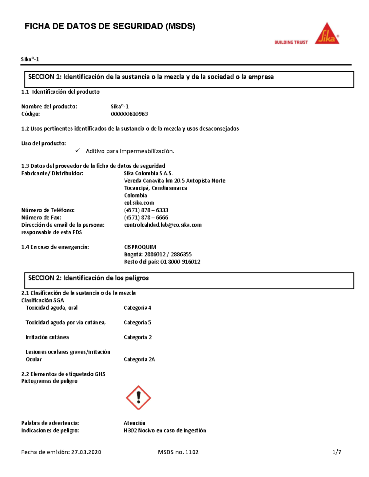 Sika®-1 - FDS SIKA 1 - FICHA DE DATOS DE SEGURIDAD (MSDS) Sika ...