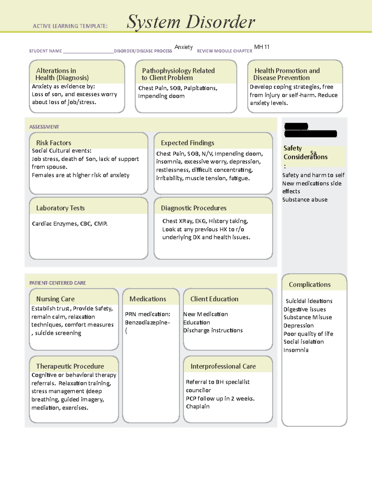 Anxiety disorder sheet - NUR3535 - Studocu