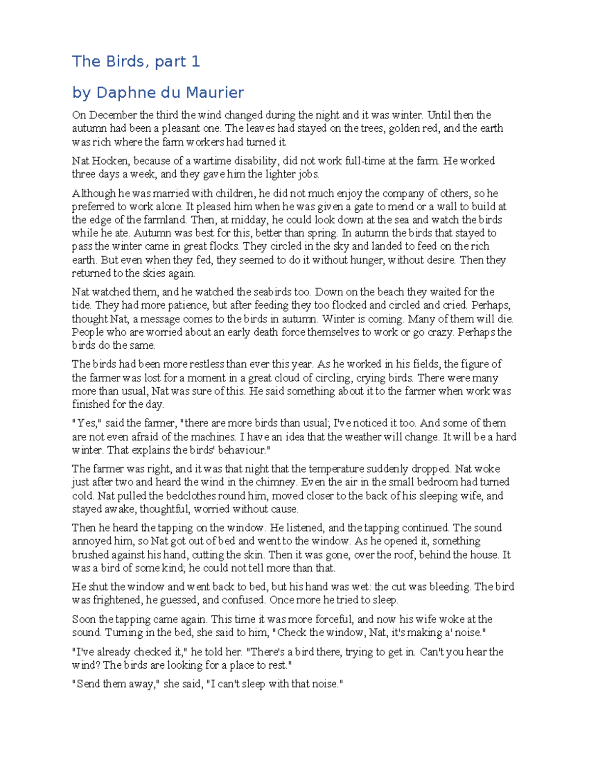 Birds readable 2019 part 3 2 - The Birds, part 1 by Daphne du Maurier ...