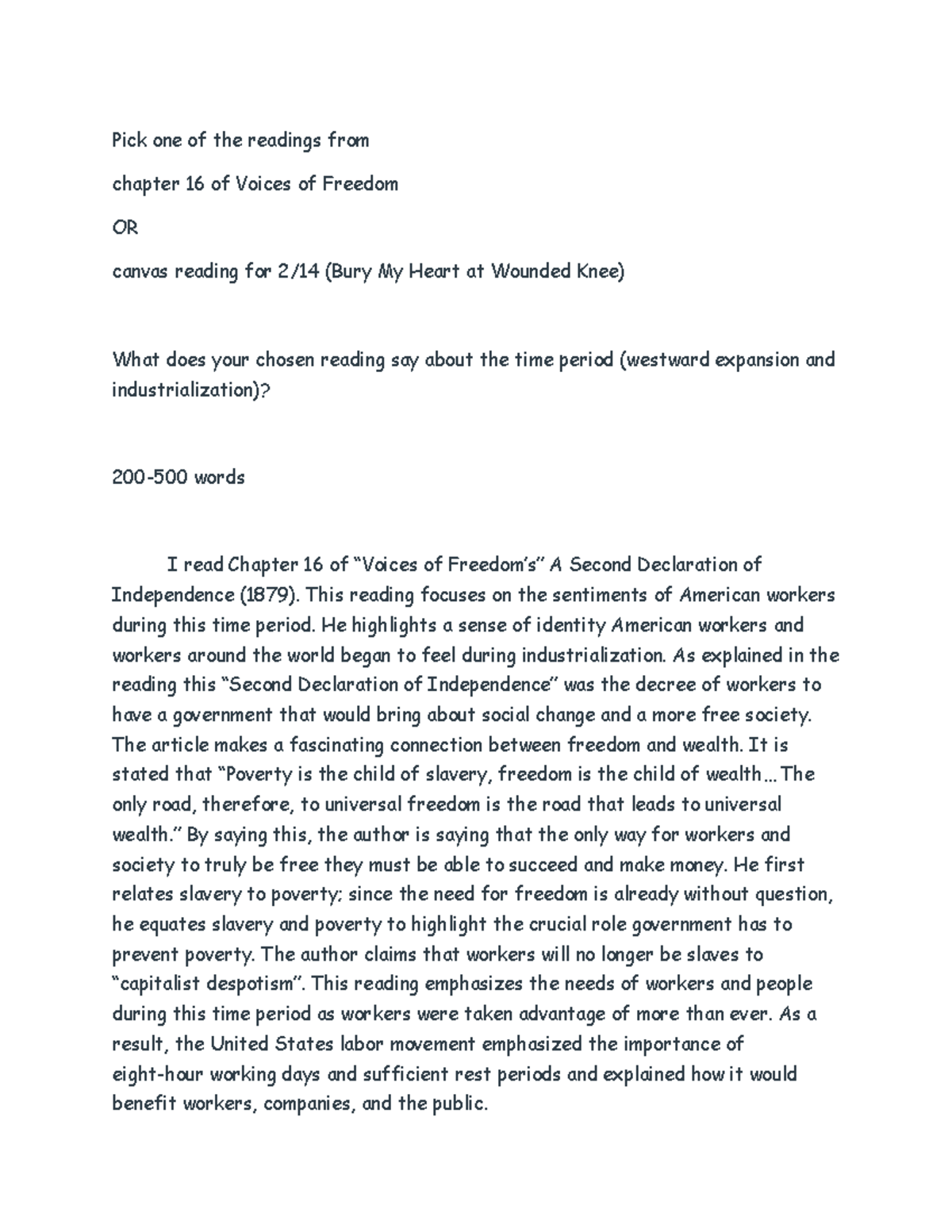 Weekly reading quiz #4 - Pick one of the readings from chapter 16 of ...