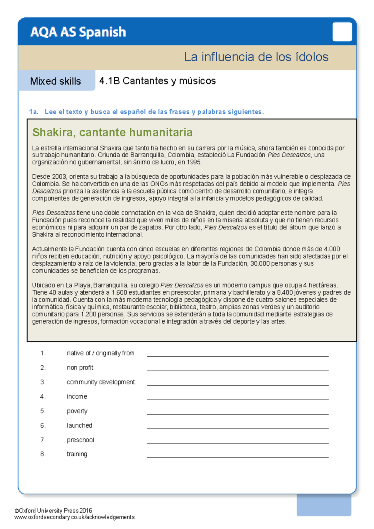 5. Mixed skills worksheet - for spanish - Unit Page 1 of 3 4 Shakira ...