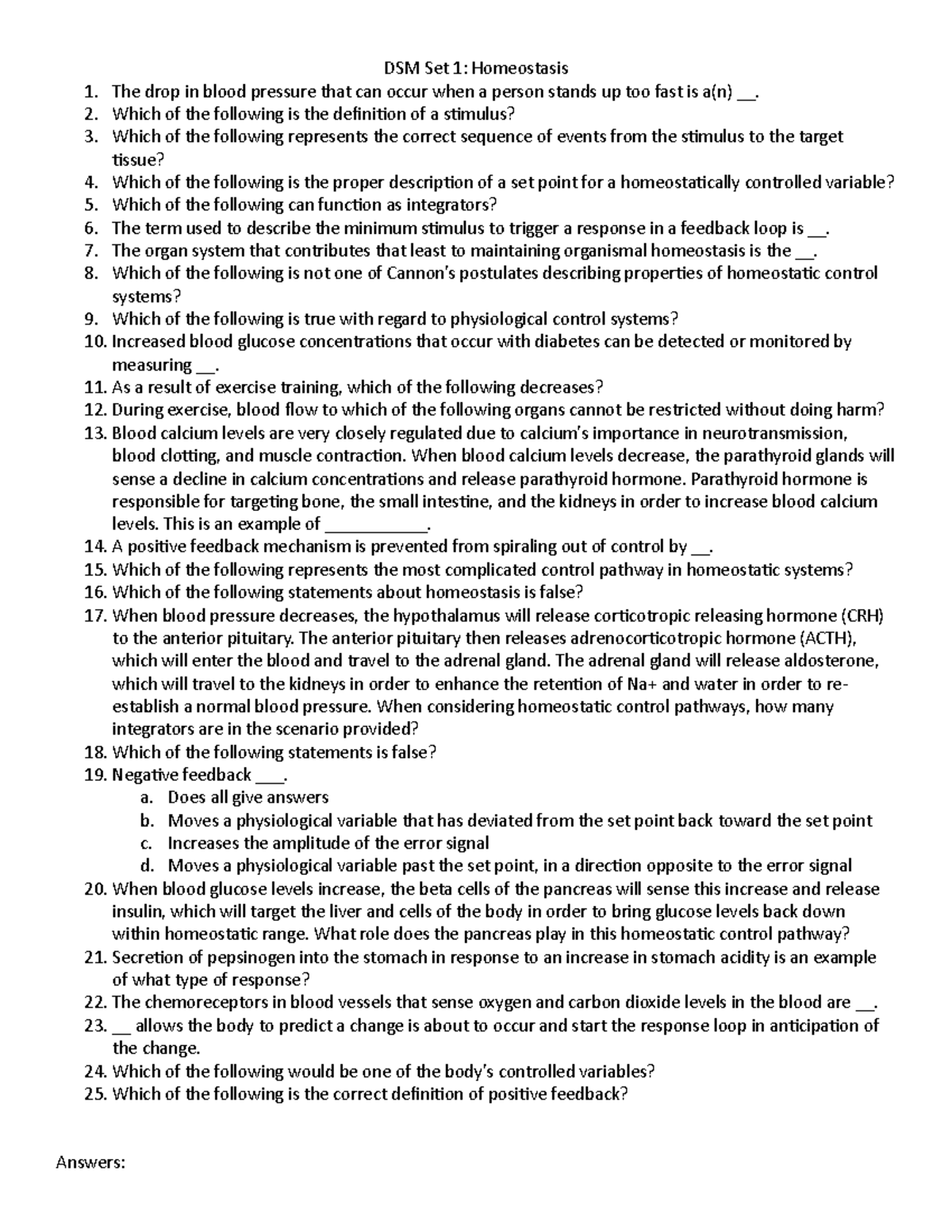 Dynamic Study Module Set 1- Homeostasis - DSM Set 1: Homeostasis The ...