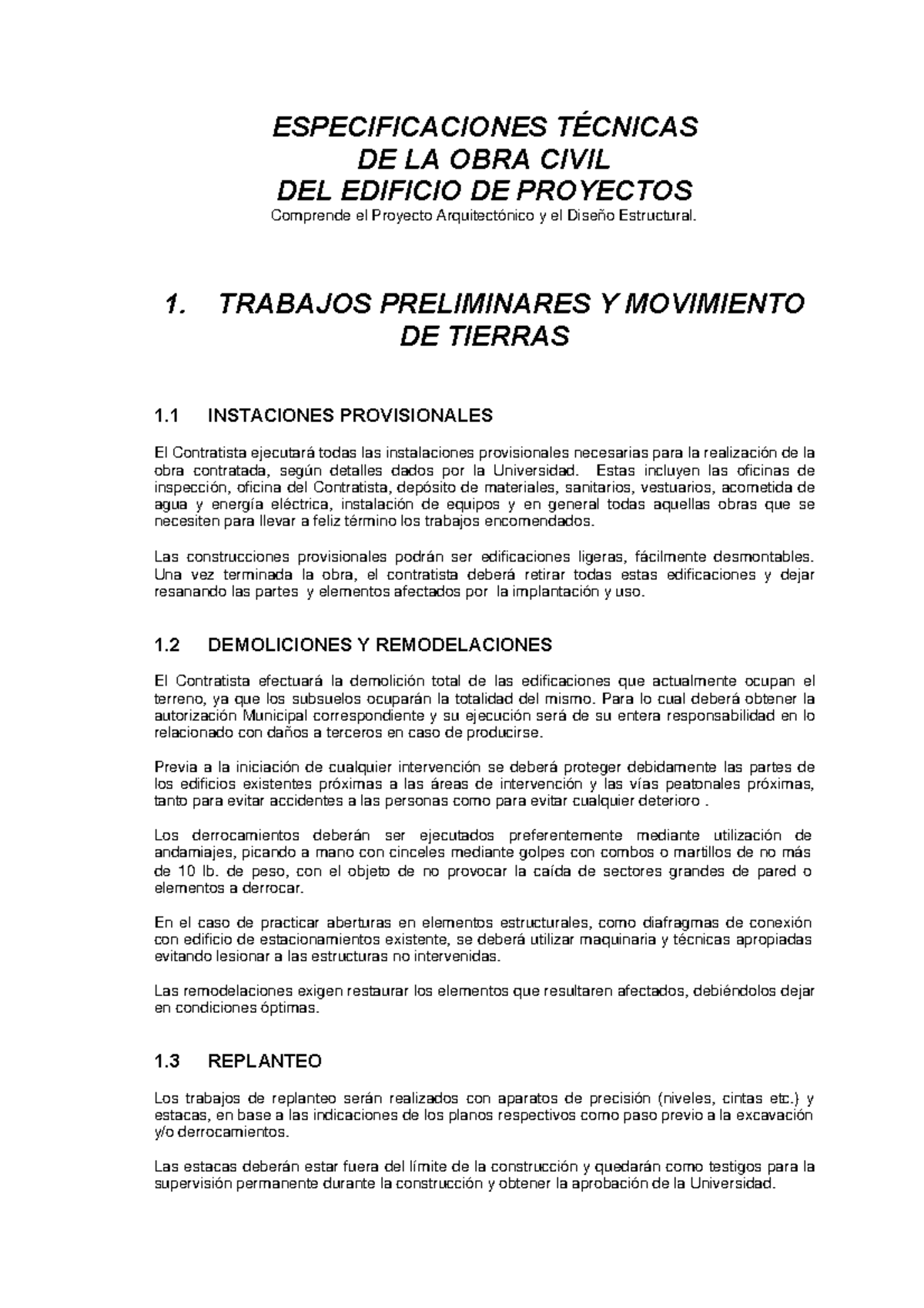 Especificaciones tecnicas de la obra civil del edificio de proyectos - ESPECIFICACIONES TÉCNICAS ...