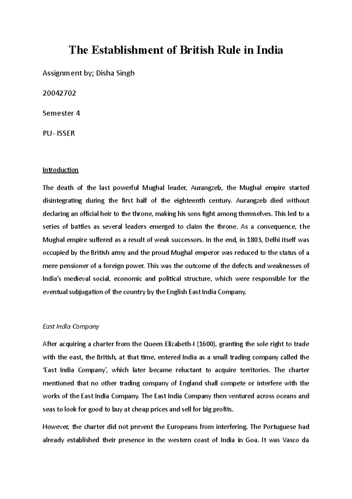 History assignment - Colonization of India - The Establishment of ...