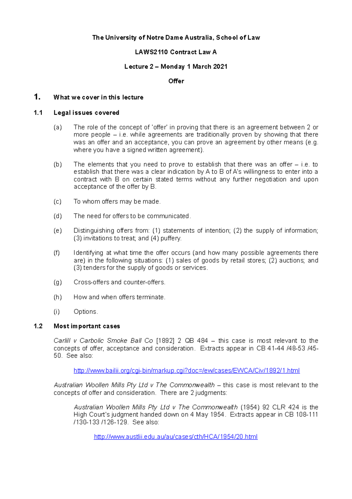 Contracts A 2021 Lec 2 Offer Lec Stud Notes - The University of Notre ...