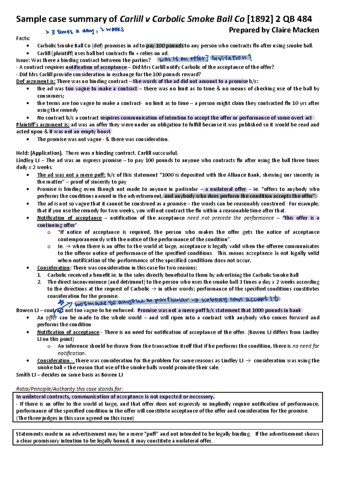 Carlillvcarbol smokeball case summary - Sample case summary of Carlill v Carbolic Smoke Ball Co ...