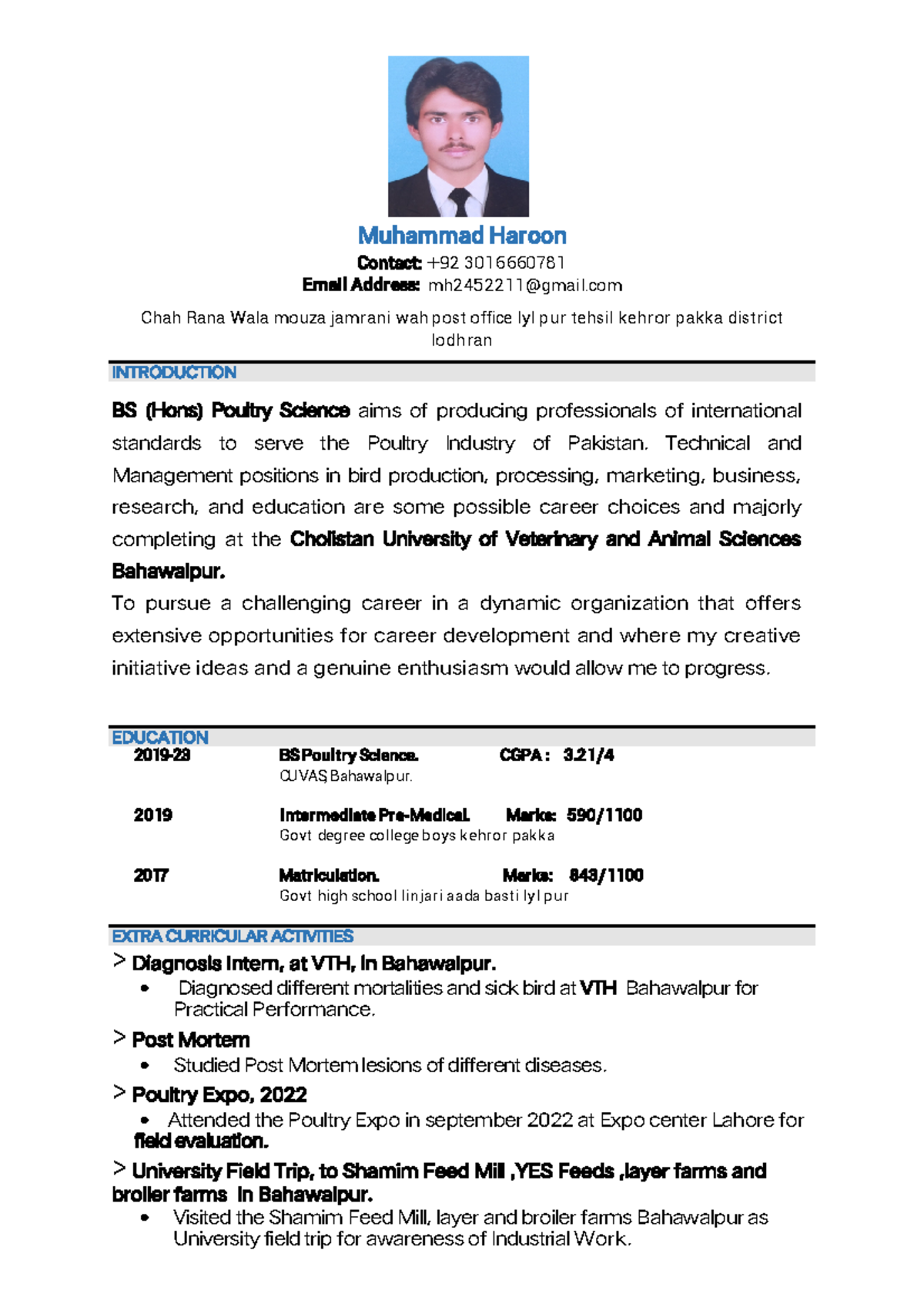 CV ................ - Muhammad Haroon Contact: +92 3016660781 Email Address: mh2452211@gmail ...