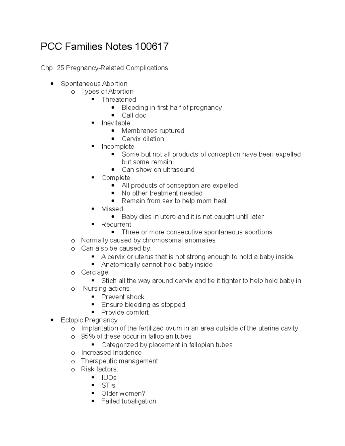 PCC Families Notes 100617 - PCC Families Notes 100617 Chp. 25 Pregnancy ...
