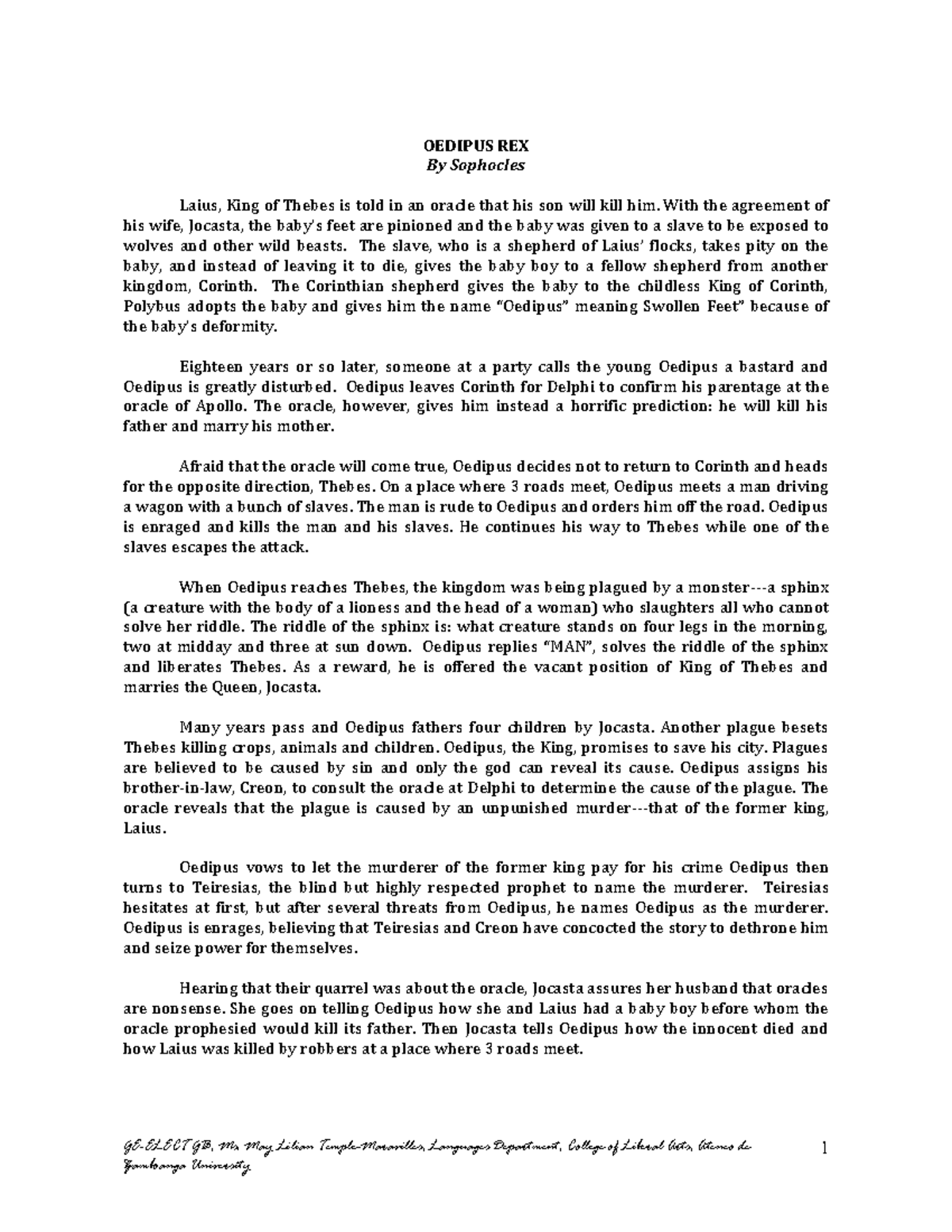Oedipus-Rex - Notes - GE-ELECT GB, Ms. May Lilian Temple-Maravilles ...