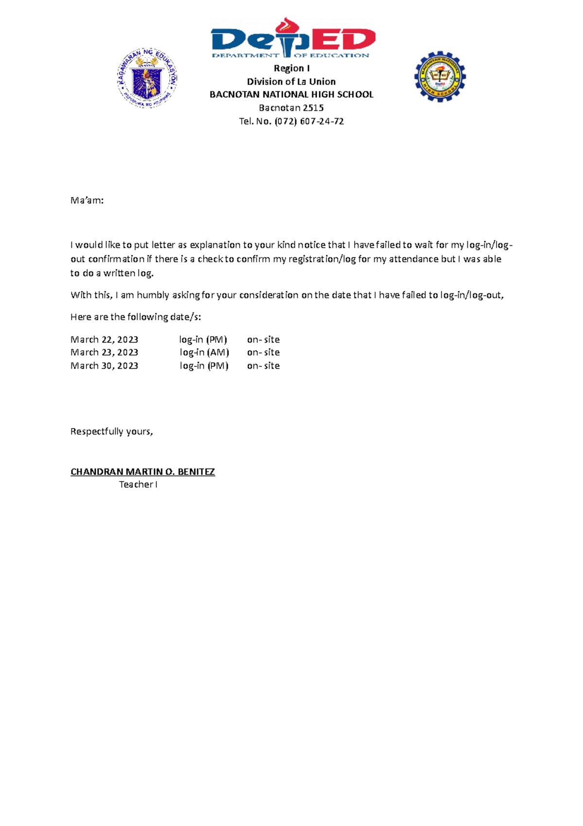 Letter OF Explanation - Region I Division of La Union BACNOTAN NATIONAL ...