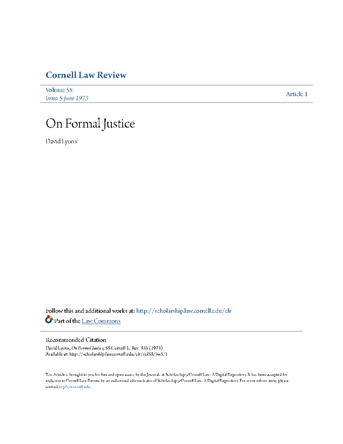 On Formal Justice - Cornell Law Review Volume 58 Issue 5 June 1973 ...