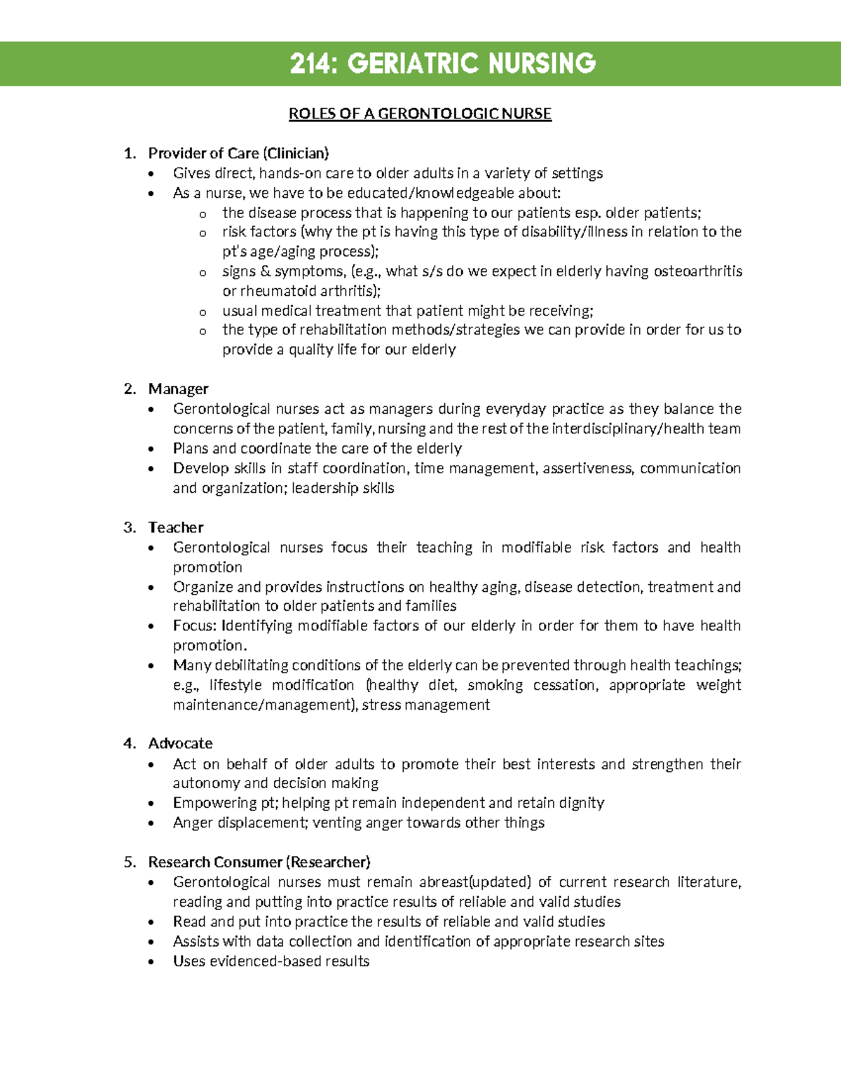 Geriatrics_Roles of a Gerontologic Nurse and Settings OF CARE - ROLES ...