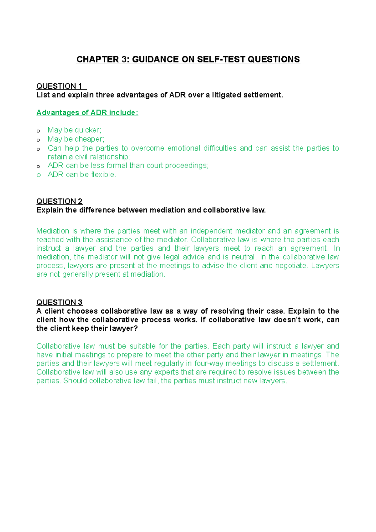 ADR, Mediation AND Collab LAW MCQ - CHAPTER 3: GUIDANCE ON SELF-TEST ...