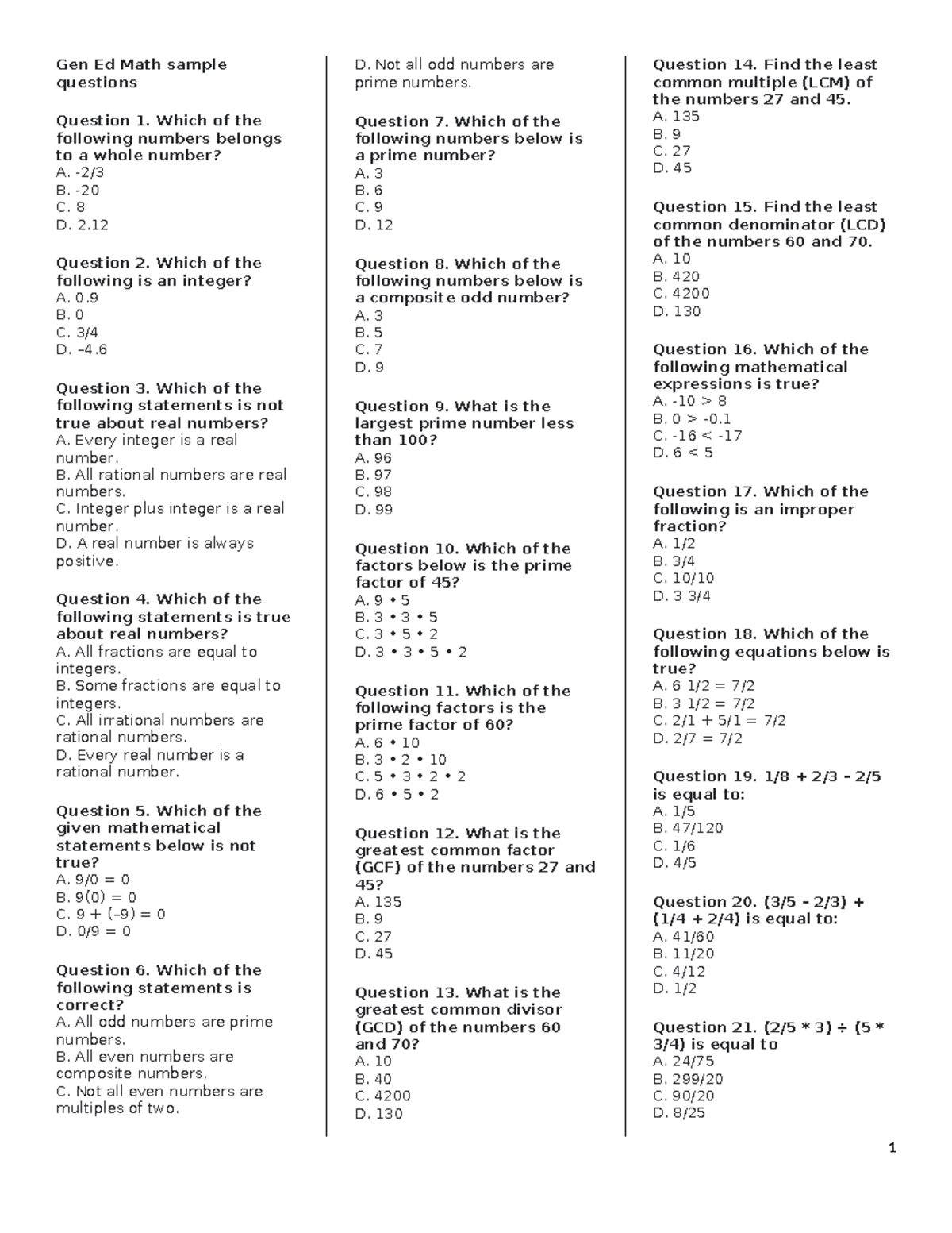 GenEd sample questions w answers - Gen Ed Math sample questions ...
