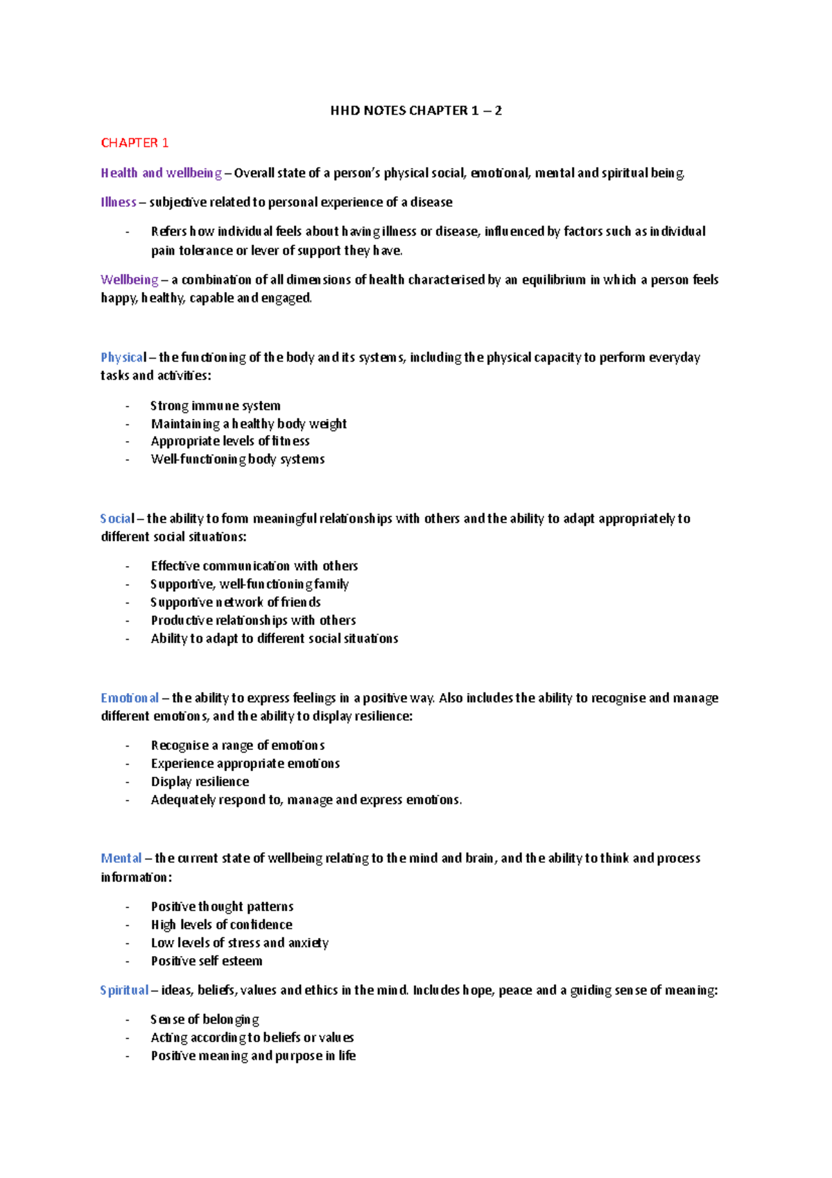 HHD Notes Chapter 1-2 - good - HHD NOTES CHAPTER 1 – 2 CHAPTER 1 Health ...