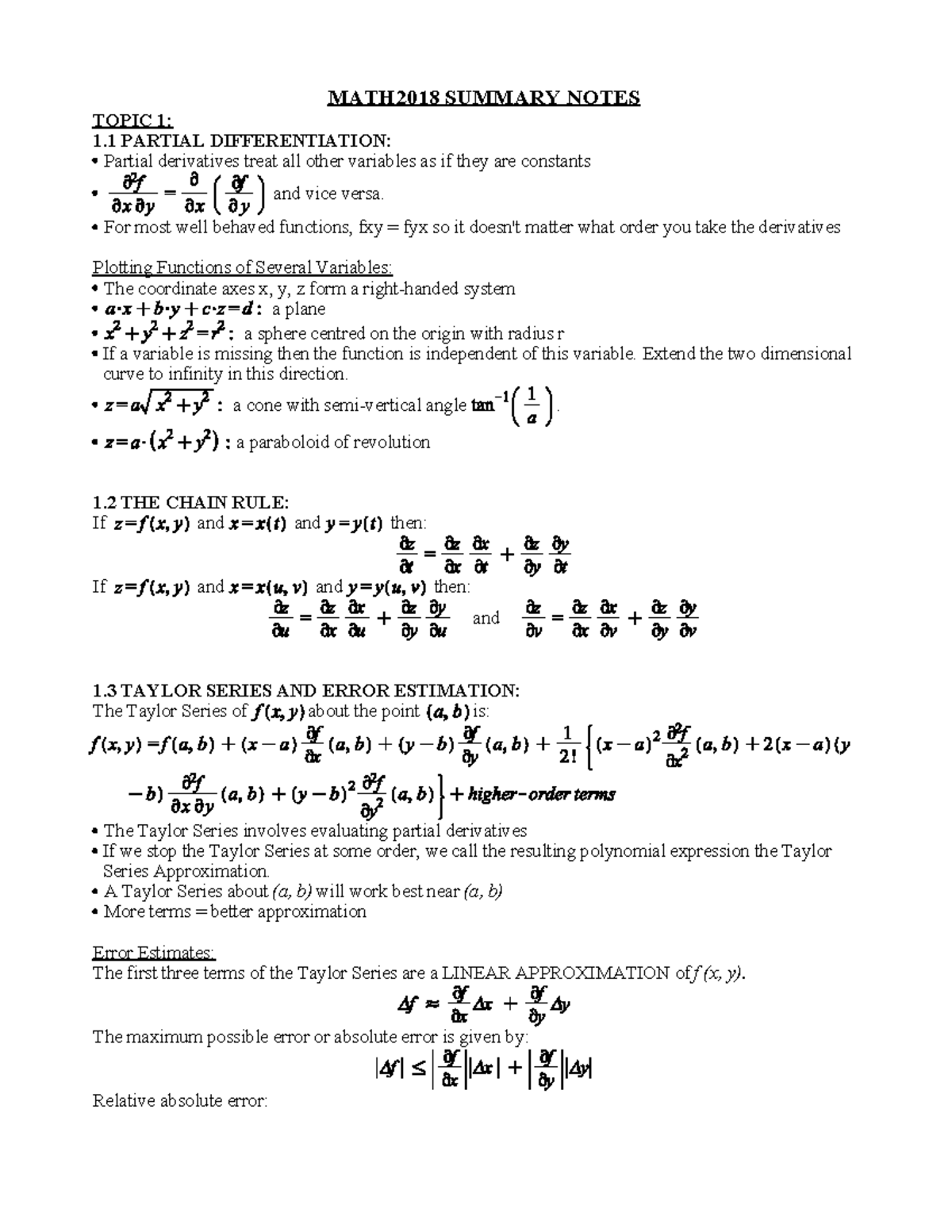 Notes - MATH2018 SUMMARY NOTES TOPIC 1: 1 PARTIAL DIFFERENTIATION ...